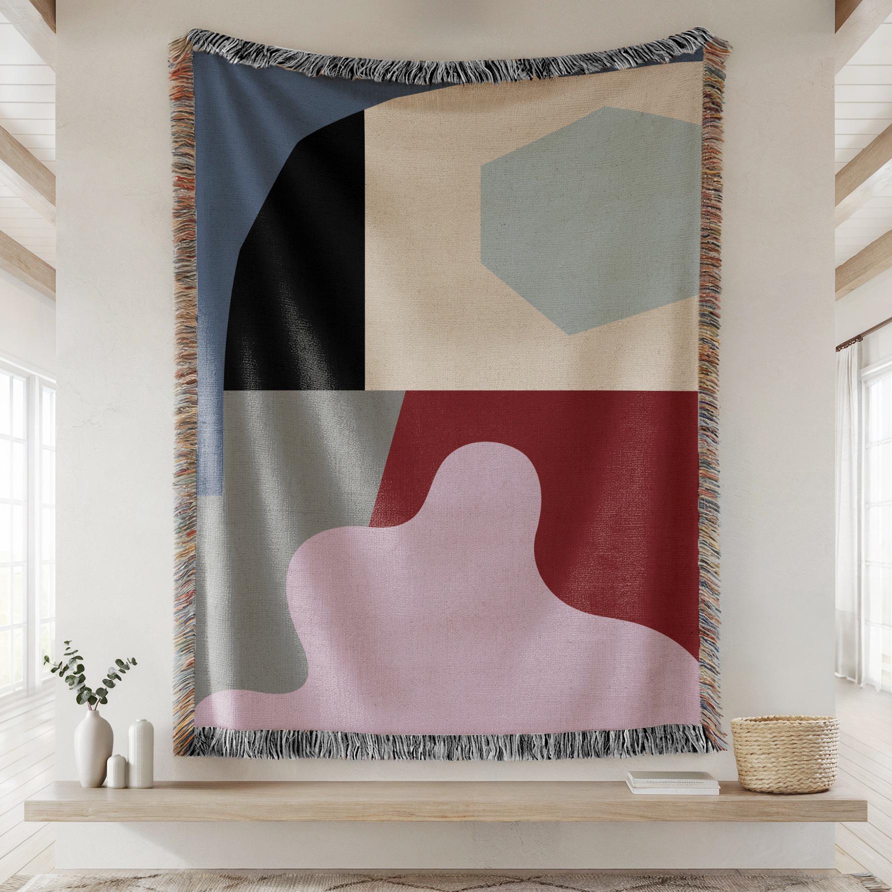 Woven Blanket With Color Blocked Abstract Shapes, 100% Cotton Jacquard ...