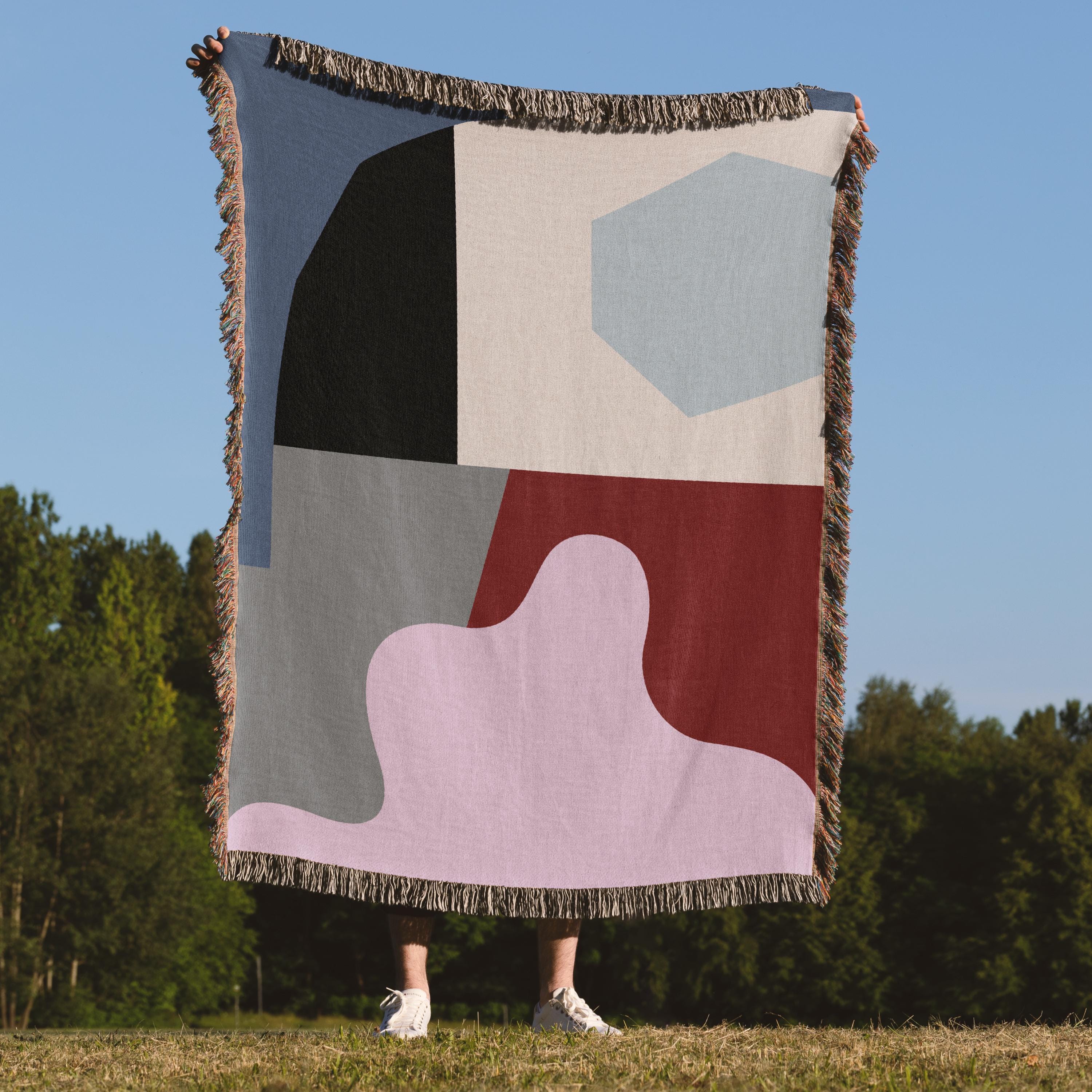Woven Blanket With Color Blocked Abstract Shapes, 100% Cotton Jacquard ...