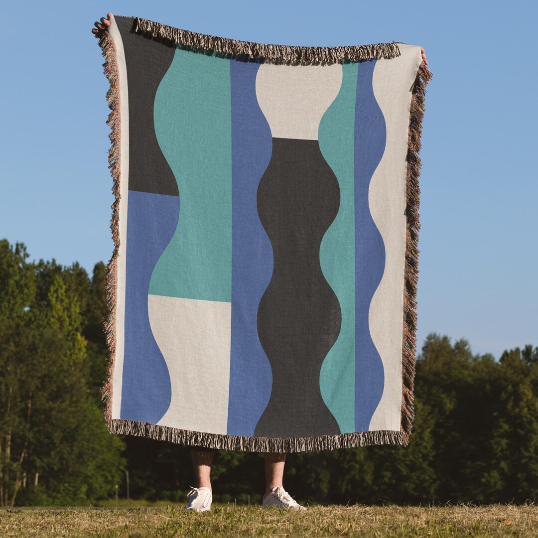 Woven Blanket With Color Blocked Wavy Shapes, 100% Cotton Jacquard ...