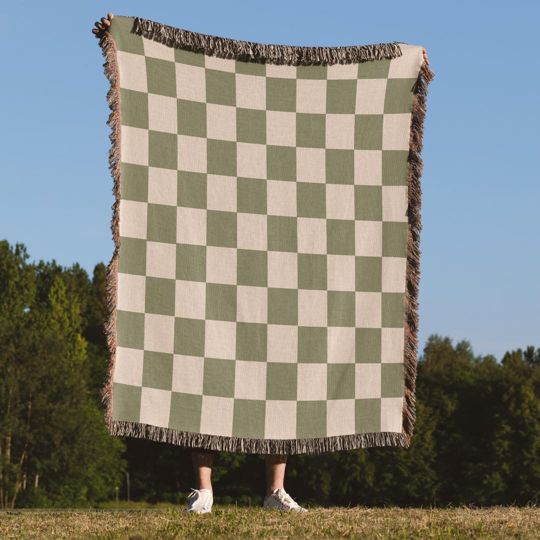 Sage Green & White Checkerboard Woven Blanket, 100% Cotton Jacquard ...
