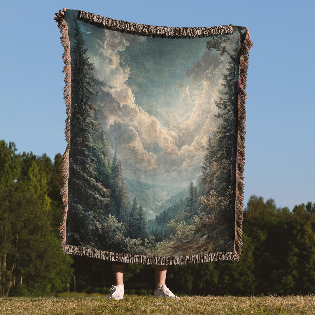 Moonlit Forest Woven Blanket, 100% Throw, Pine Forest Tapestry ...