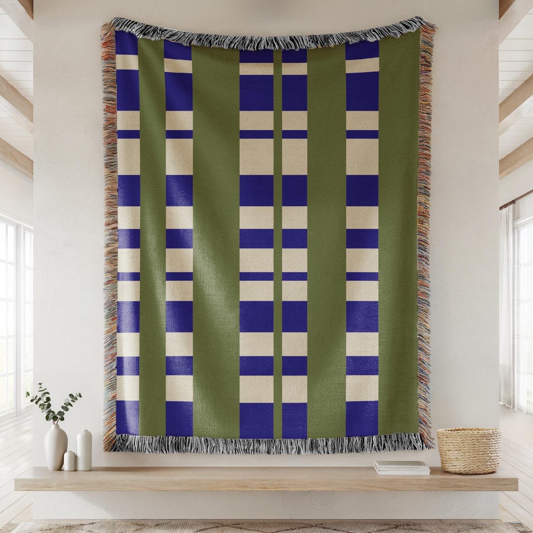 Striped Check Woven Blanket, 100% Cotton Throw, Mid Century Modern Home ...