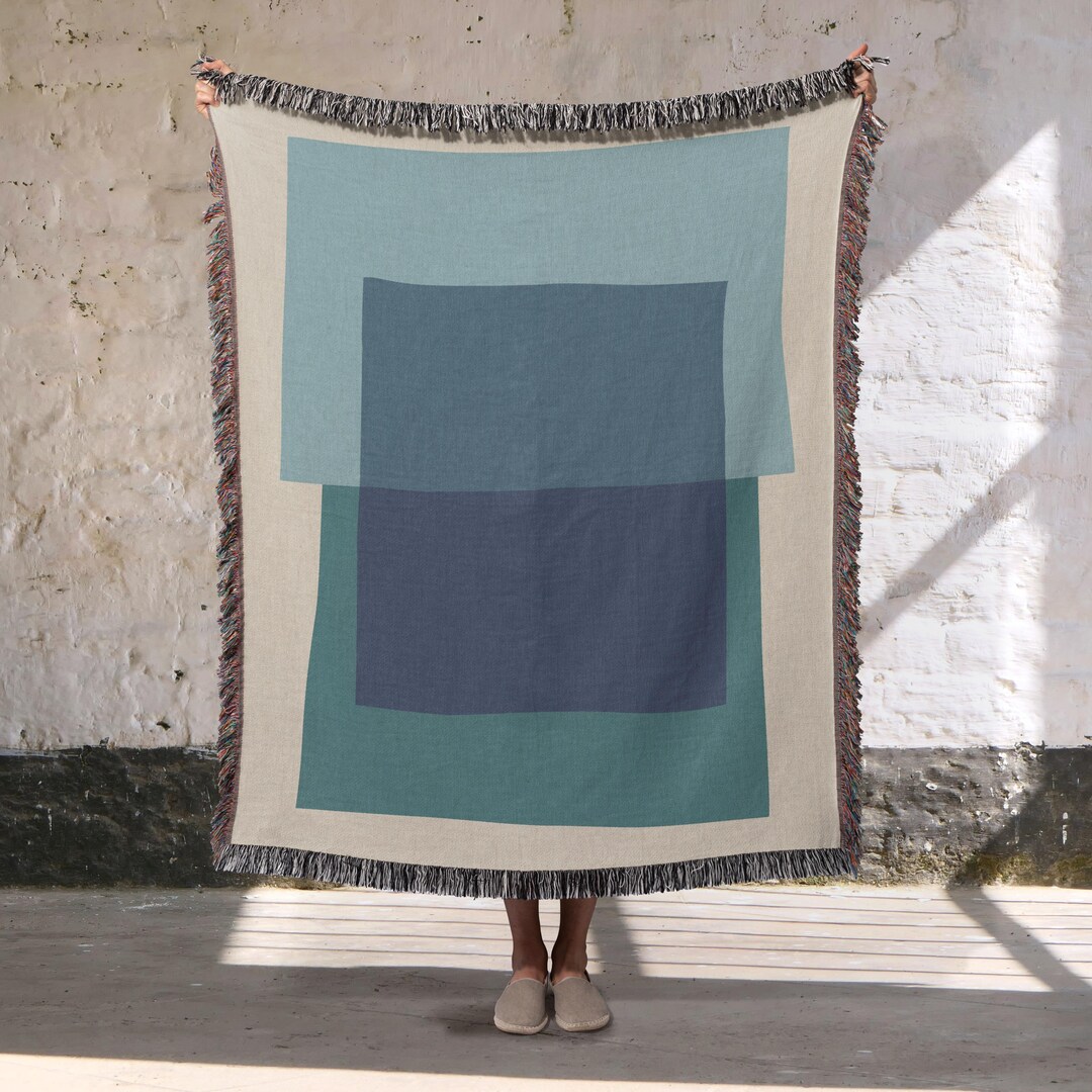 Patina Blue Color Block Overlays Woven Blanket, 100% Cotton Throw, Mid ...