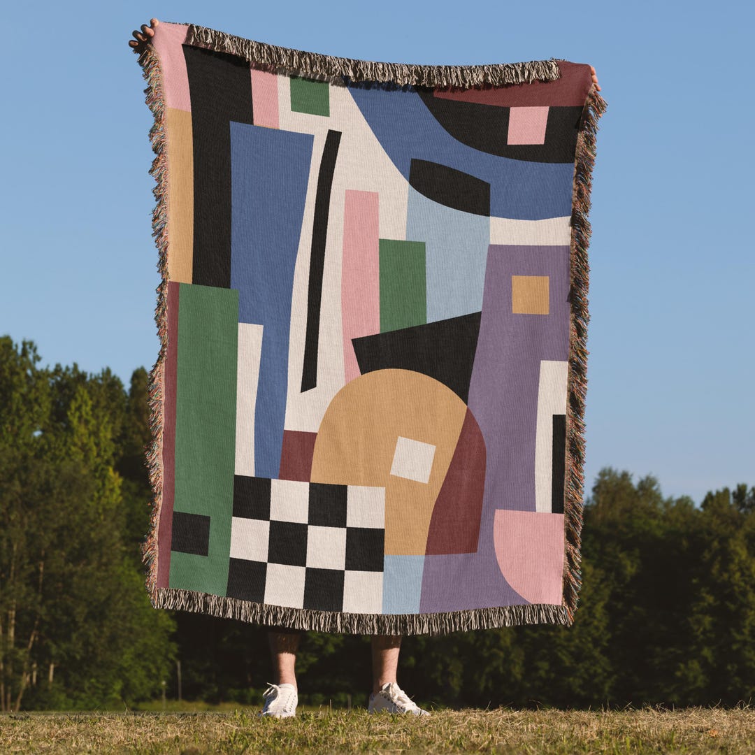 Maximalist Abstract Art Woven Blanket, 100% Cotton Throw, Memphis Style ...