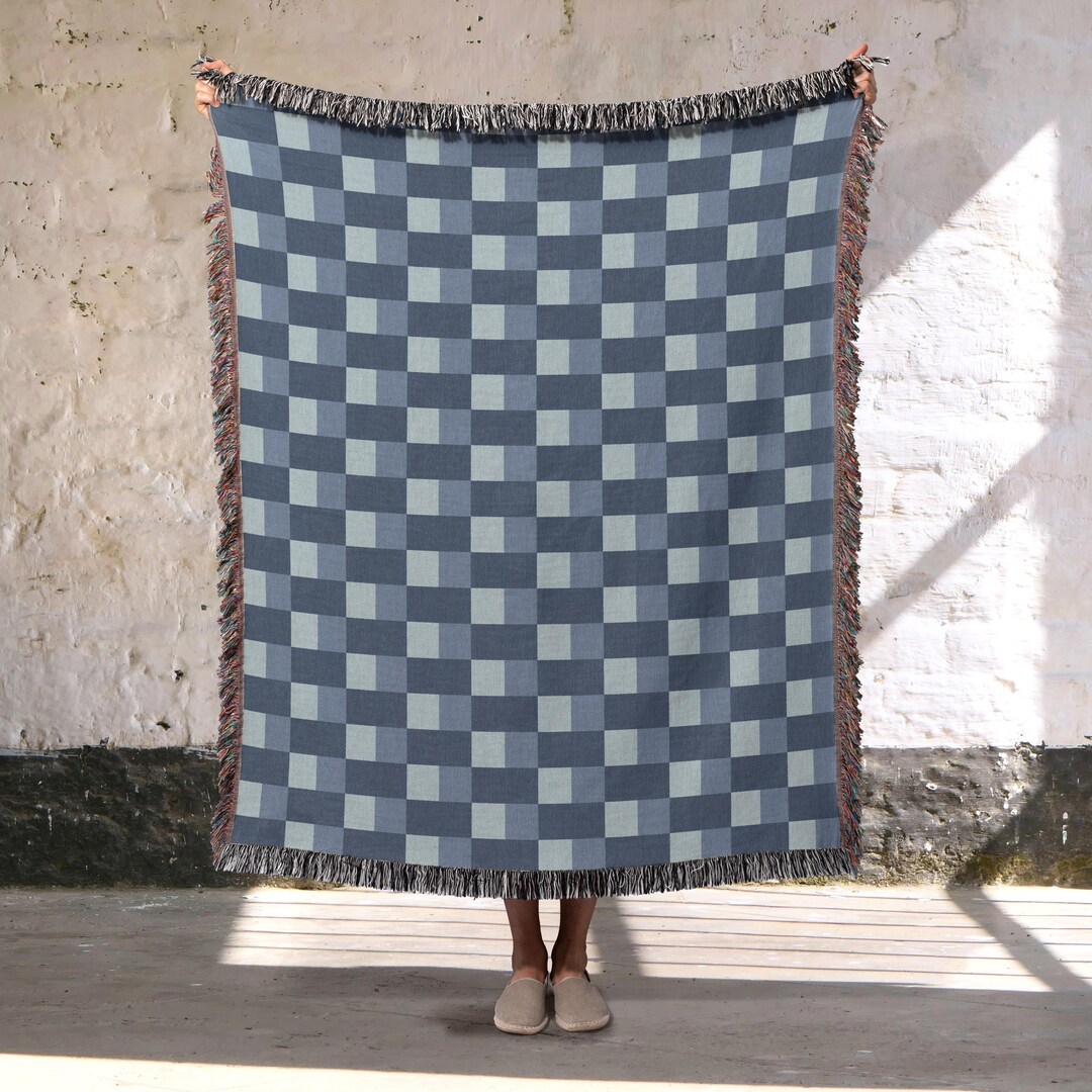 Blue Tonal Woven Blanket With Modern Geometric Pattern | 100% Cotton ...