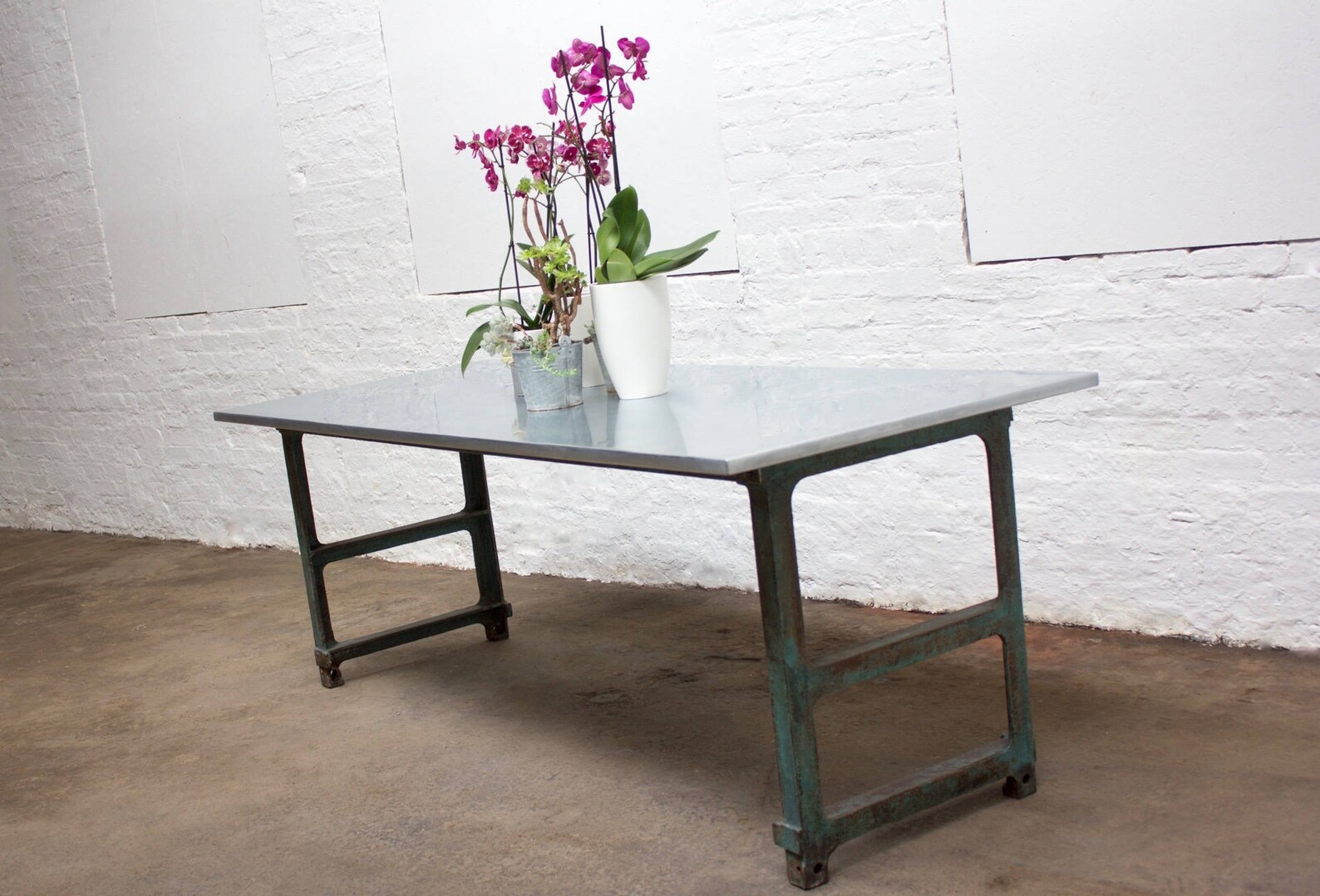 Saunders Industrial Zinc Topped Table With Vintage Reclaimed Metal ...
