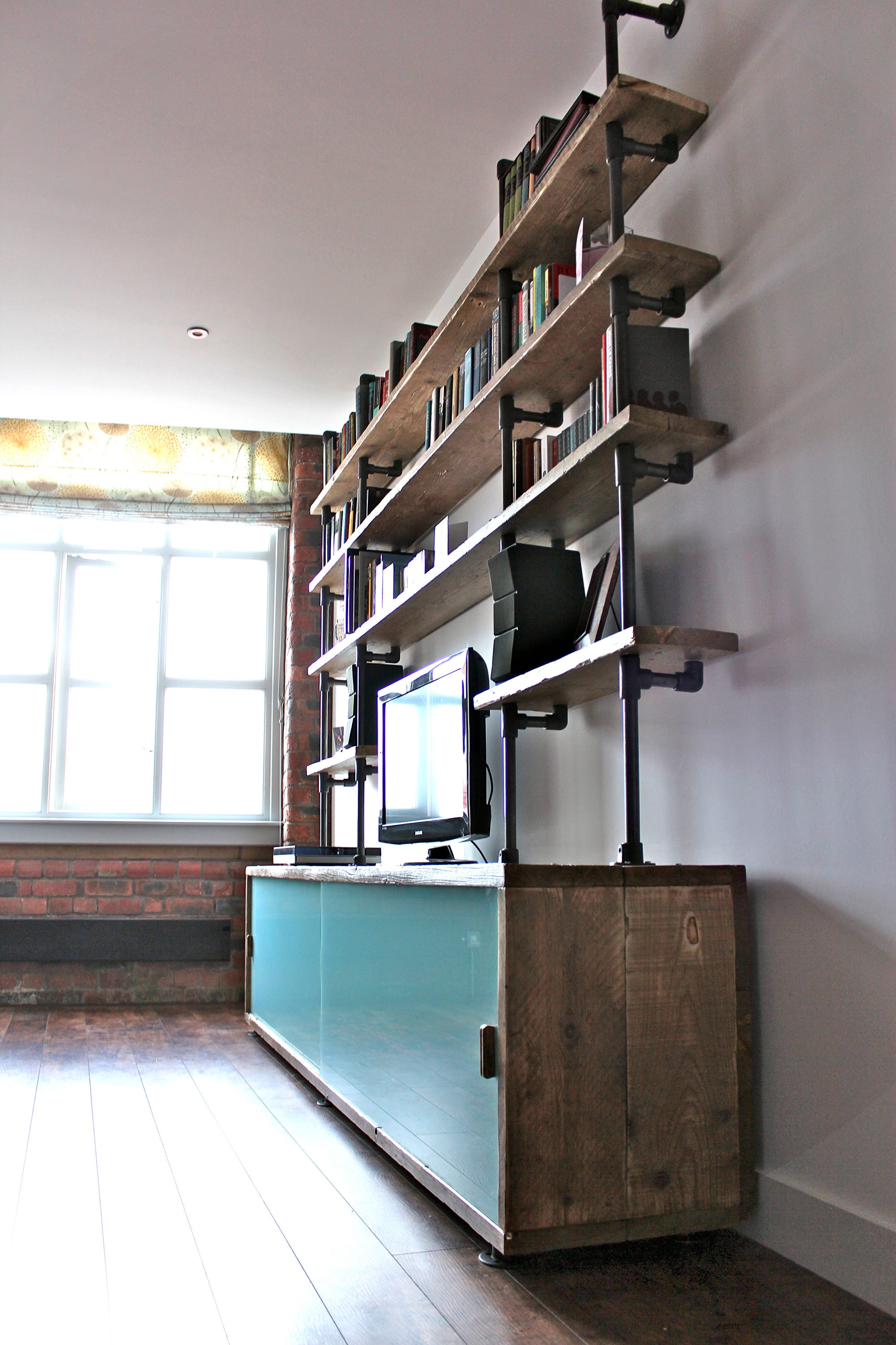 Simeon Reclaimed Scaffolding Board Storage Unit With Painted Glass ...