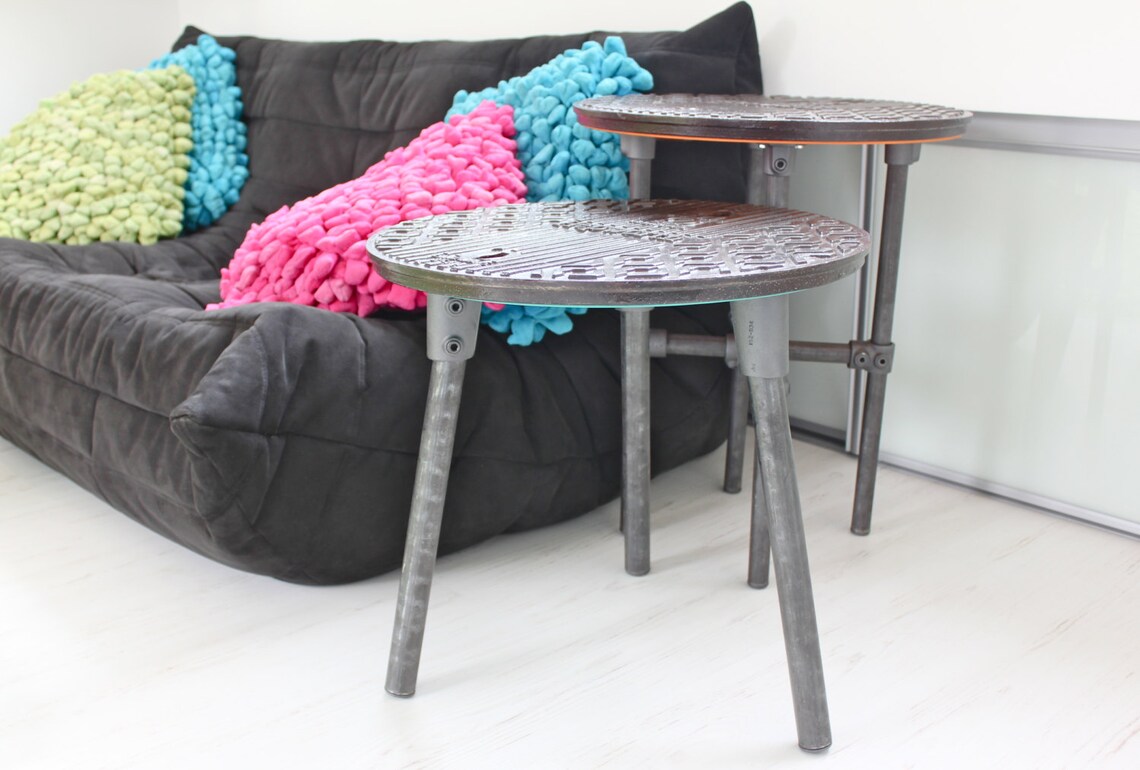 Jeremy Reclaimed Manhole Cover Side Table With 3 Splayed Dark Steel ...