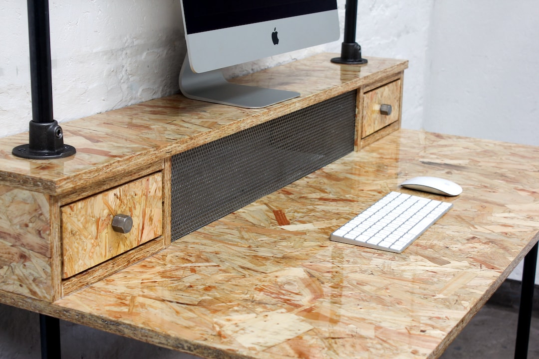 Pinder Highly Gloss Lacquered OSB Industrial Desk With Storage Drawers and Perforated Steel ...