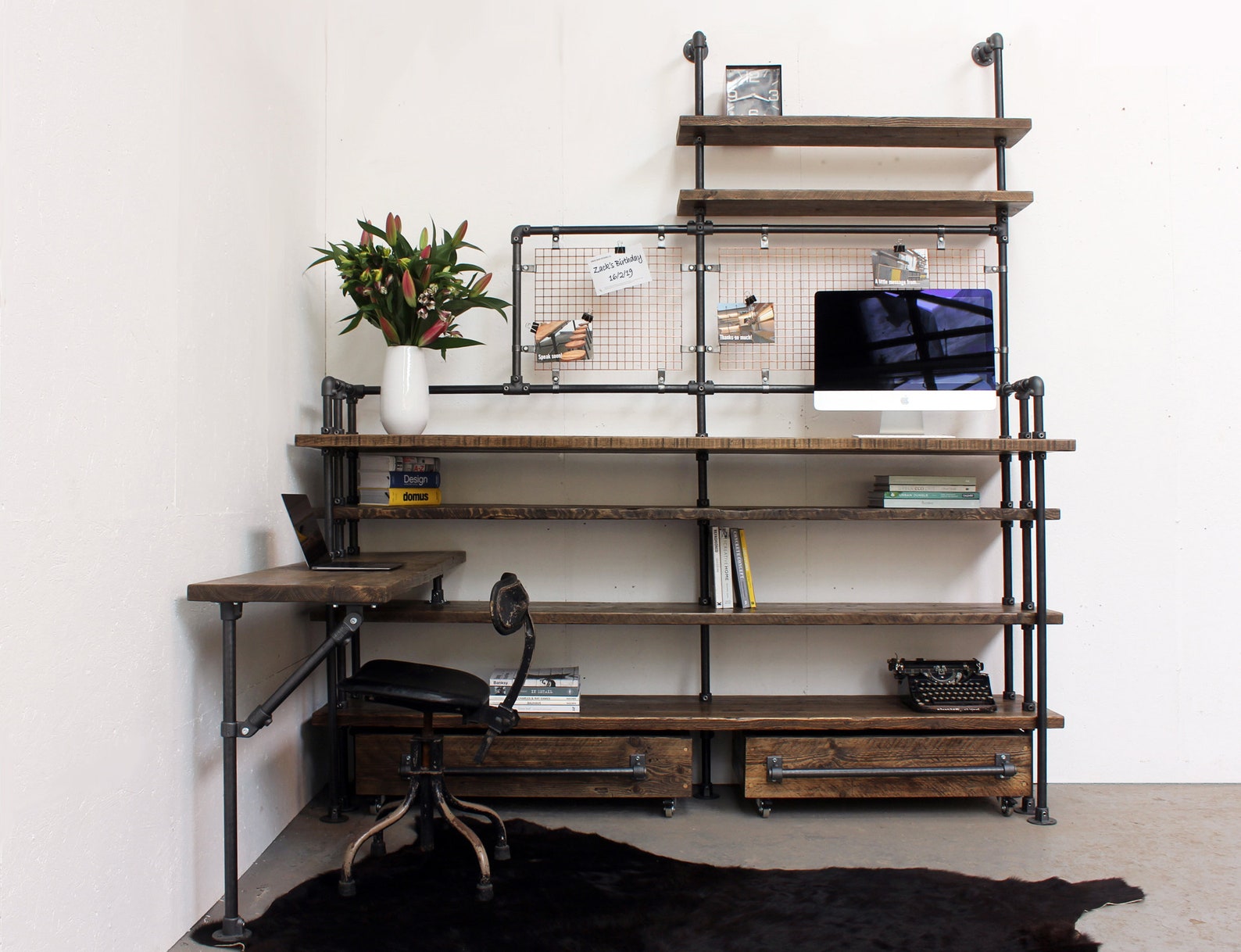 Zack Reclaimed Scaffolding Board Double Office Desk and Shelf Unit ...