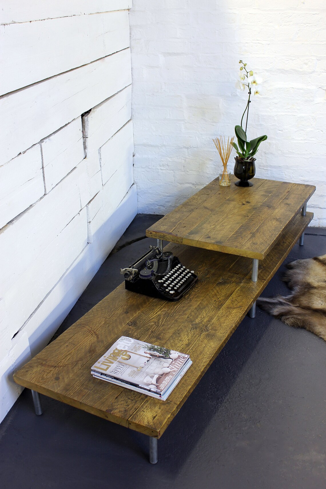 Yumiko Oak Stained Reclaimed Scaffolding Layered Height Coffee Table ...