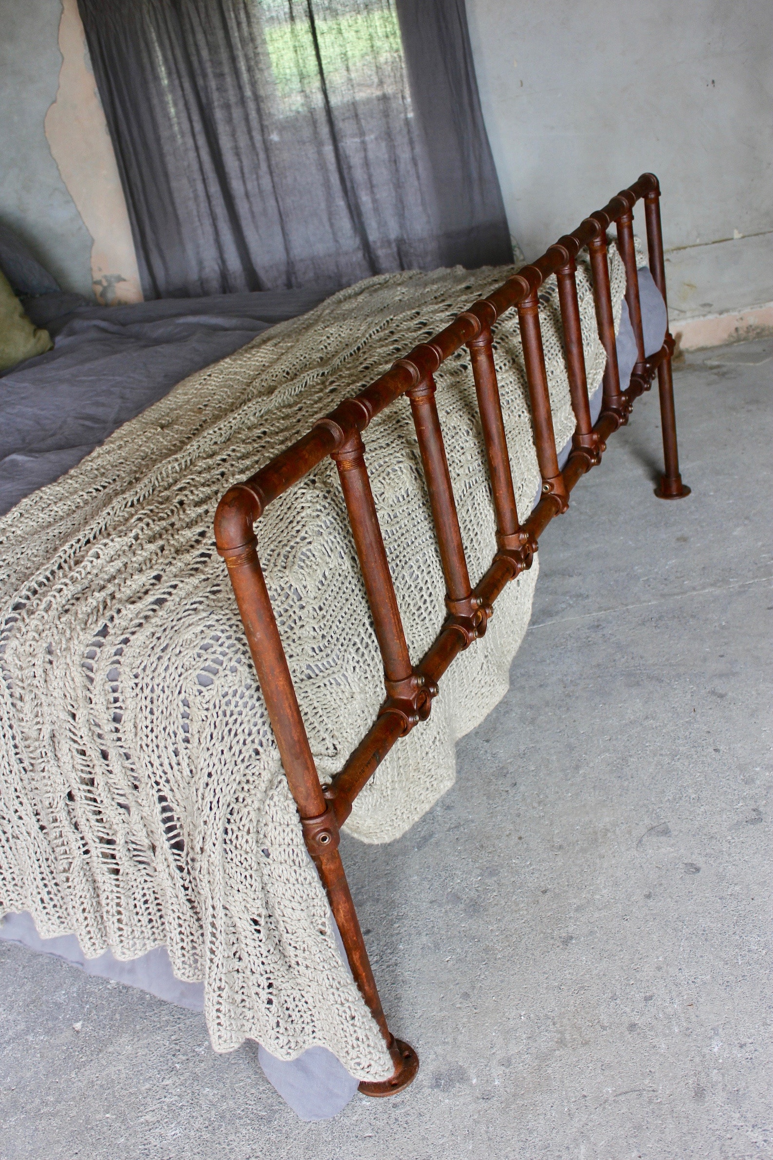 Alison Distressed Steel Pipe Industrial Super Kingsize Bed With Padded ...