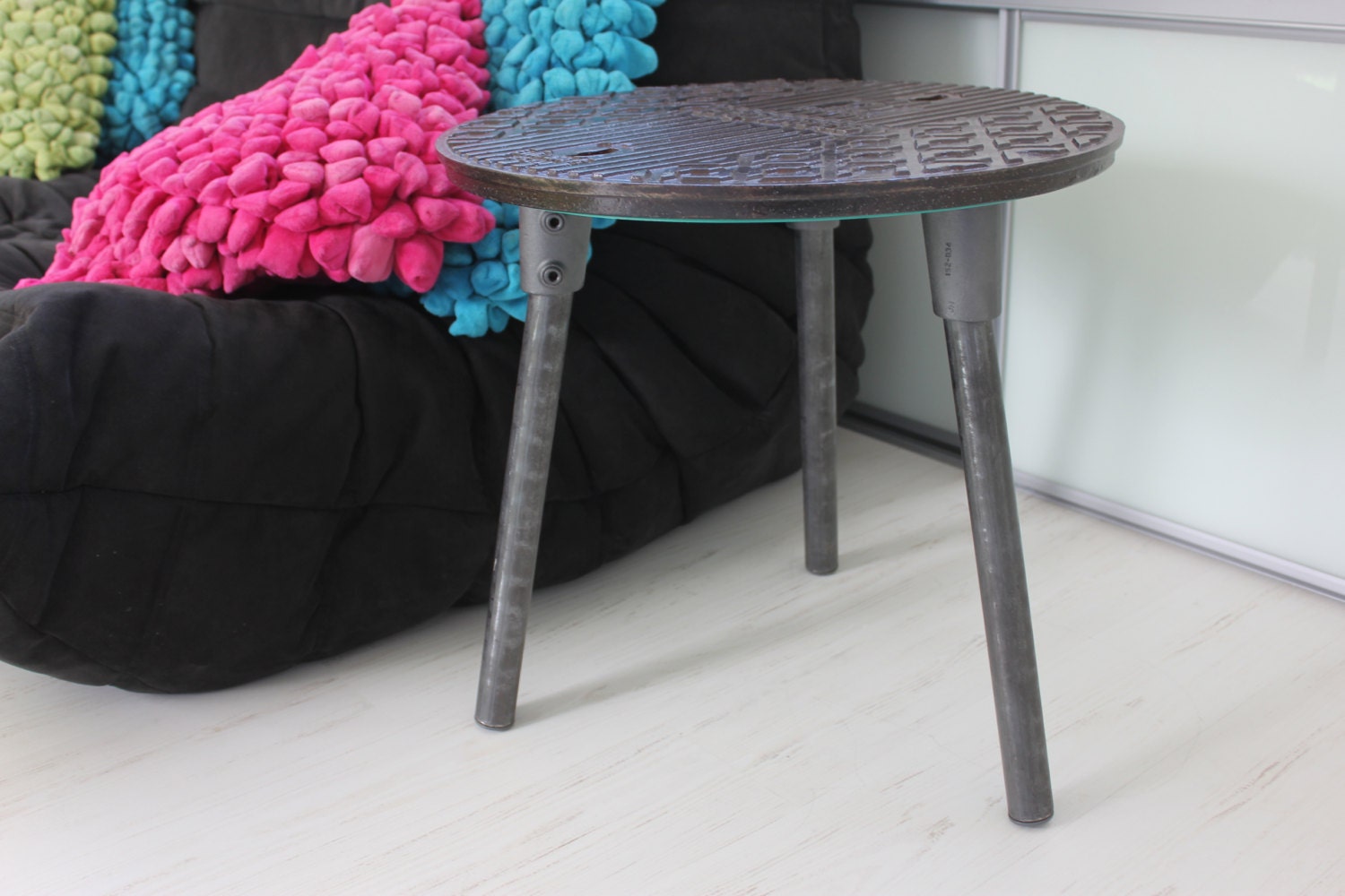 Jeremy Reclaimed Manhole Cover Side Table With 3 Splayed Dark Steel ...