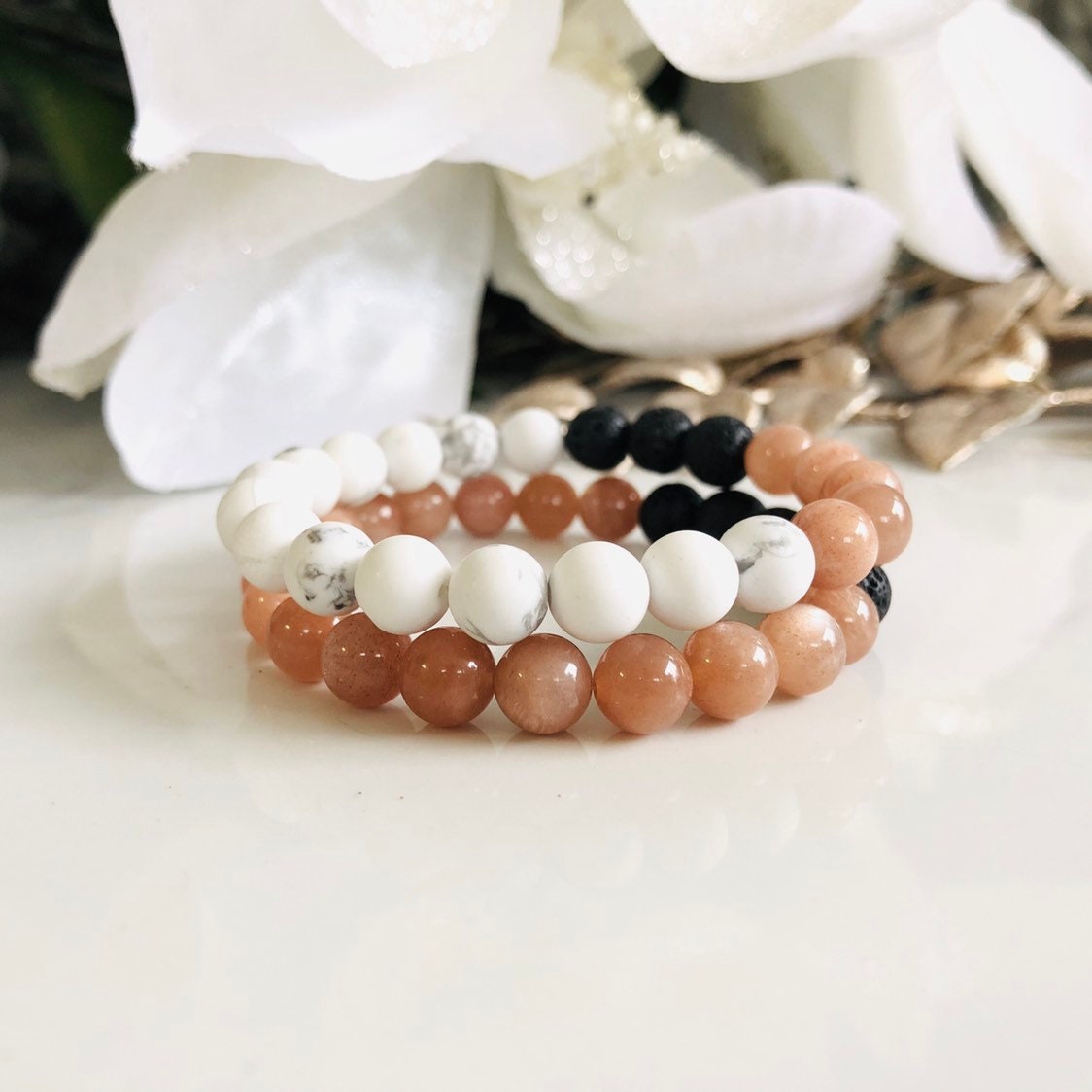Peach Moonstone & White Howlite Lava Bracelets Aromatherapy - Etsy Canada