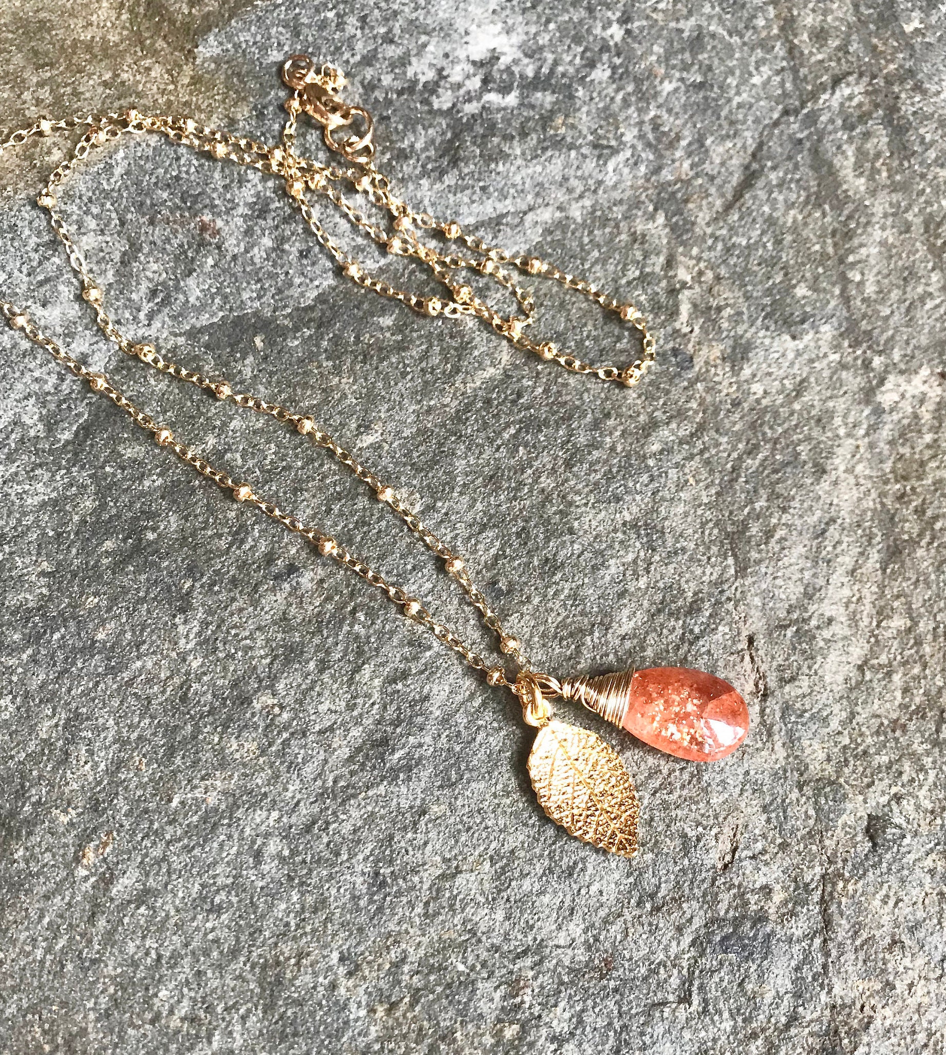 Sunstone Teardrop Necklace, Gold Filled Satellite Chain, Leaf Charm - Etsy