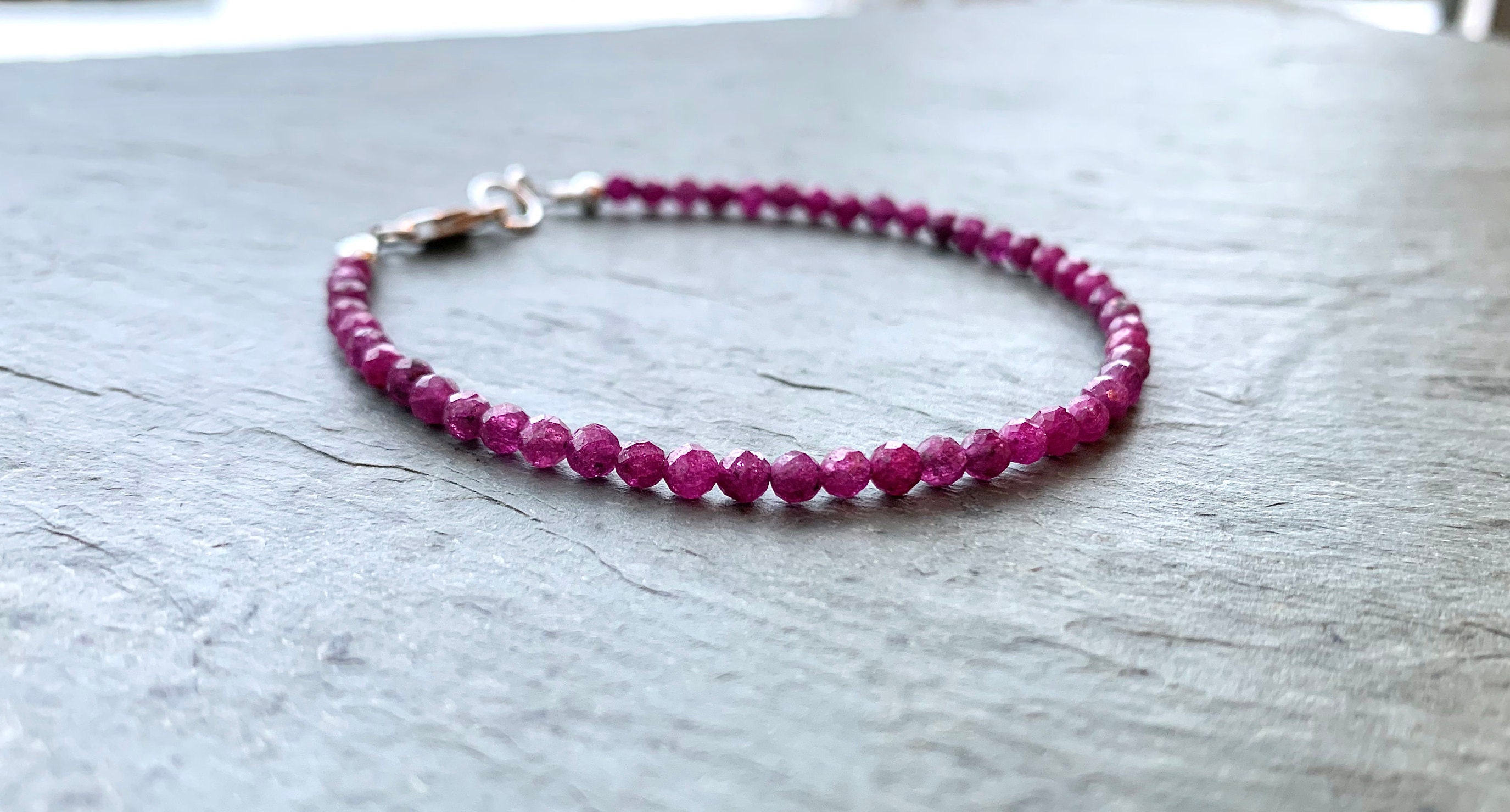 Ruby Bracelet Silver or Gold Dainty Stacking Bracelet Pink | Etsy