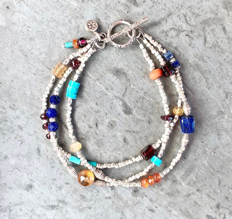 Three Strand Gemstone Bracelet Sterling Silver 3 Strands - Etsy
