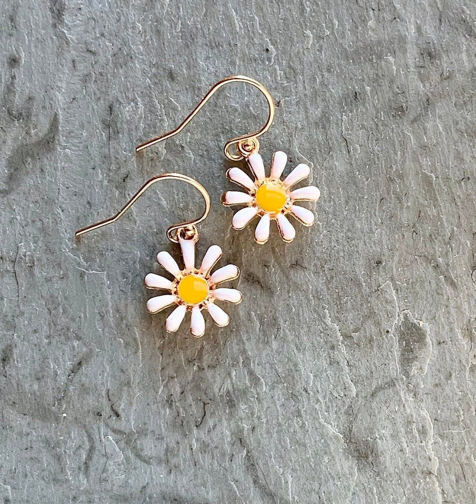 Daisy Earrings Enamel Daisies White and Yellow Daisy Flower | Etsy