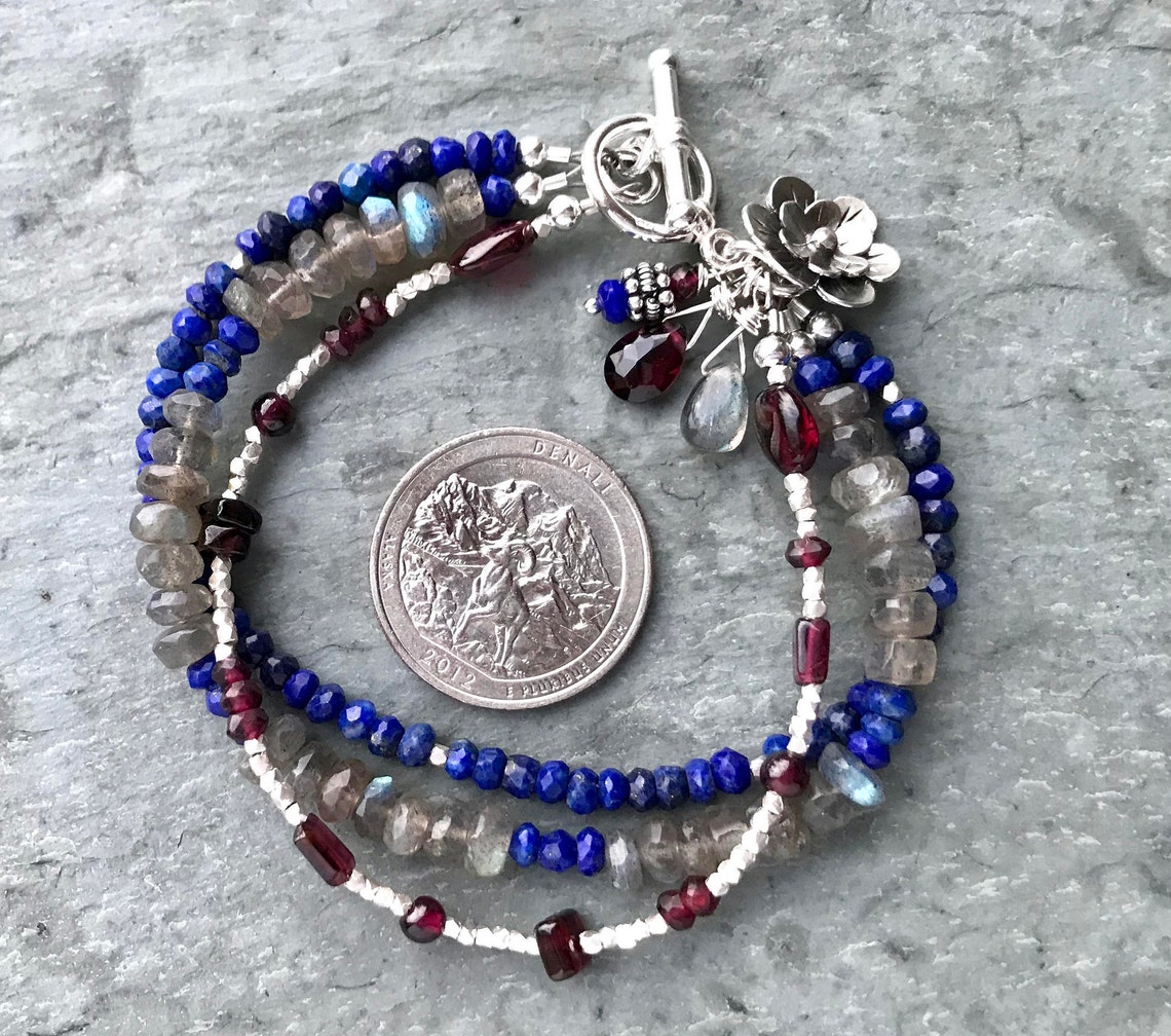 Triple Strand Gemstone Bracelet Sterling Silver 3 Strands - Etsy