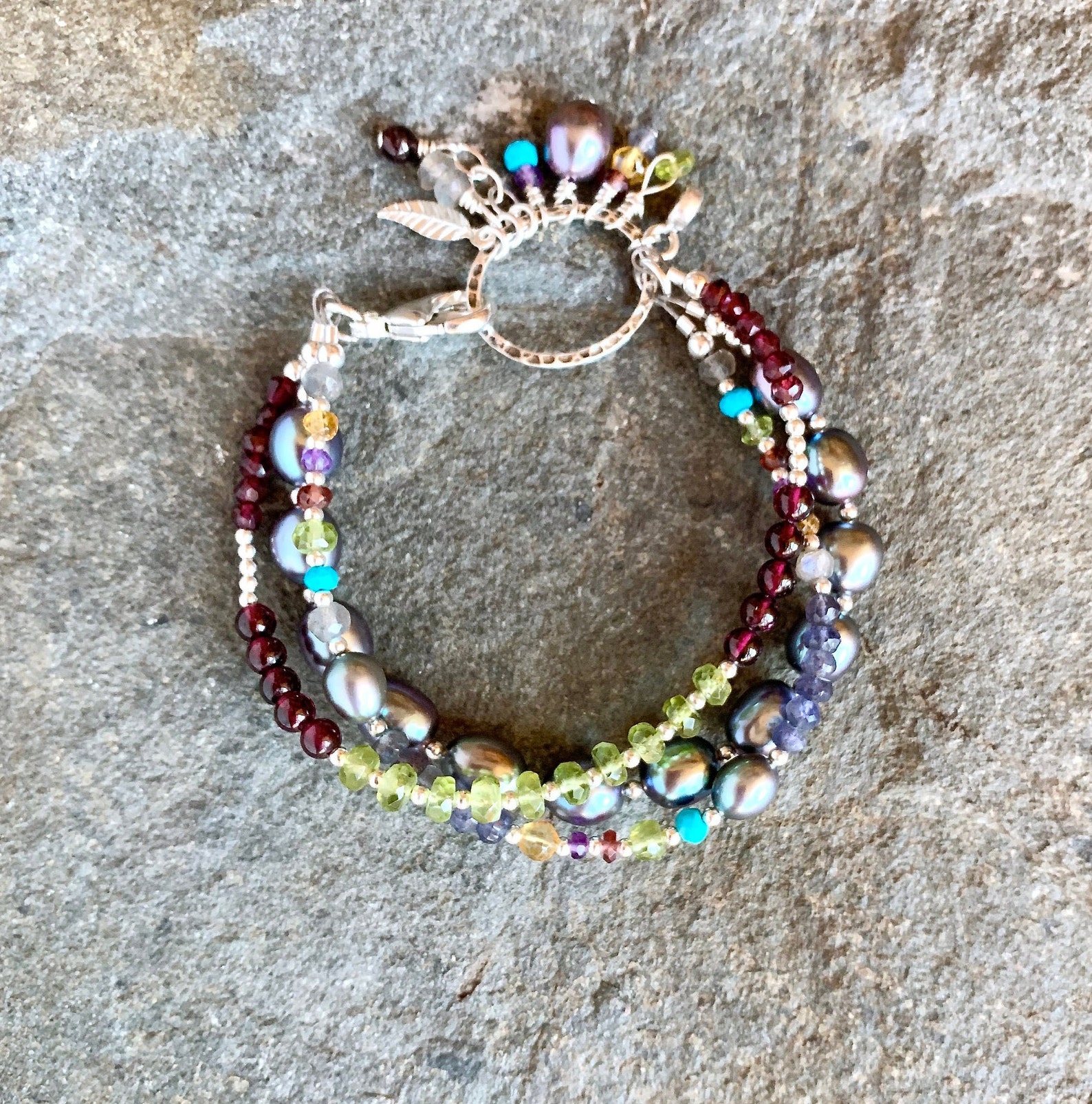 Triple Strand Gemstone Bracelet Sterling Silver 3 Strands - Etsy