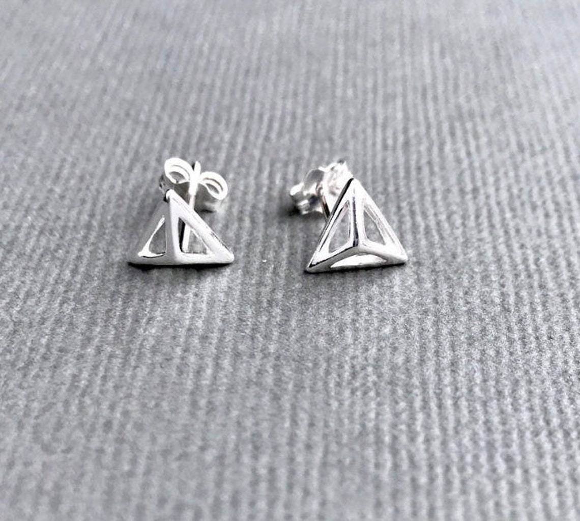 Silver Pyramid Earrings Open Triangle Sterling Studs Prism | Etsy
