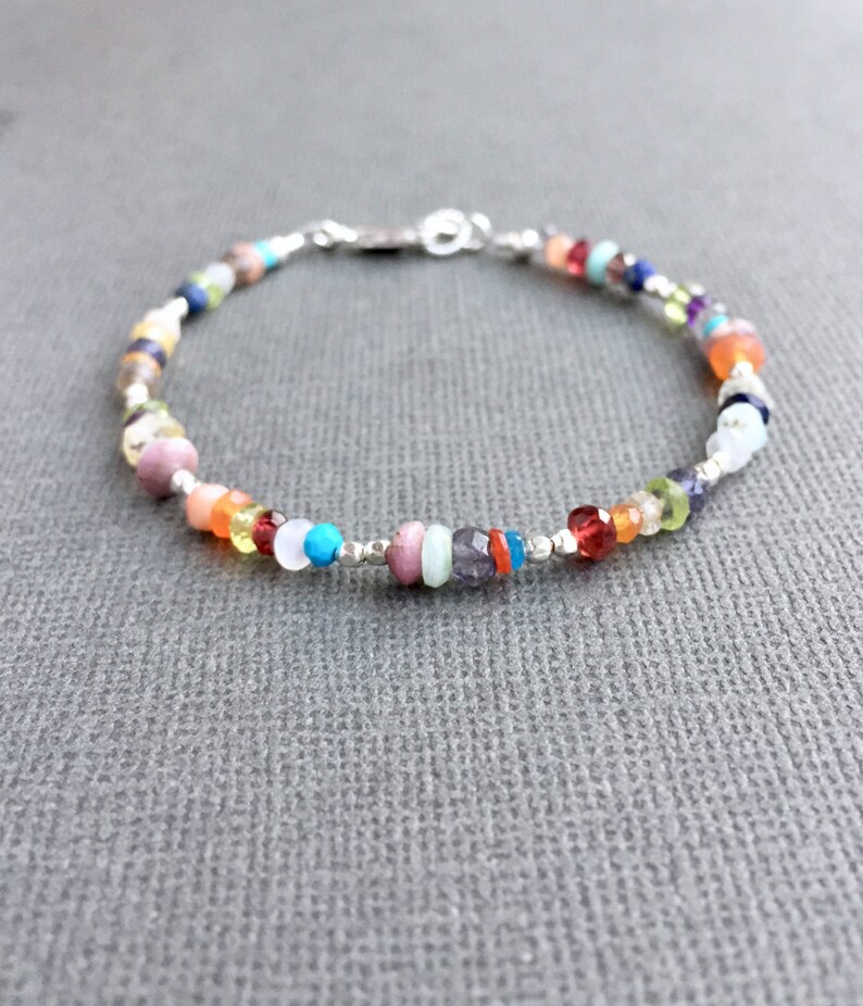 Multicolor Gemstone Bracelet, Sterling Silver, Dainty Stacking Bracelet ...