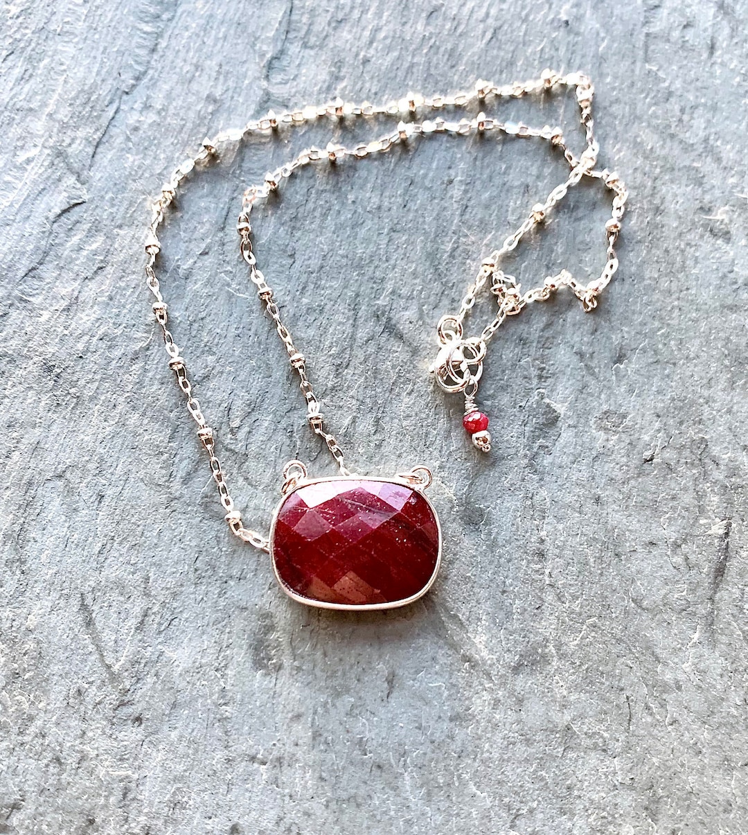 Ruby Necklace, Bezel Ruby Pendant, Sterling Silver Satellite Chain ...