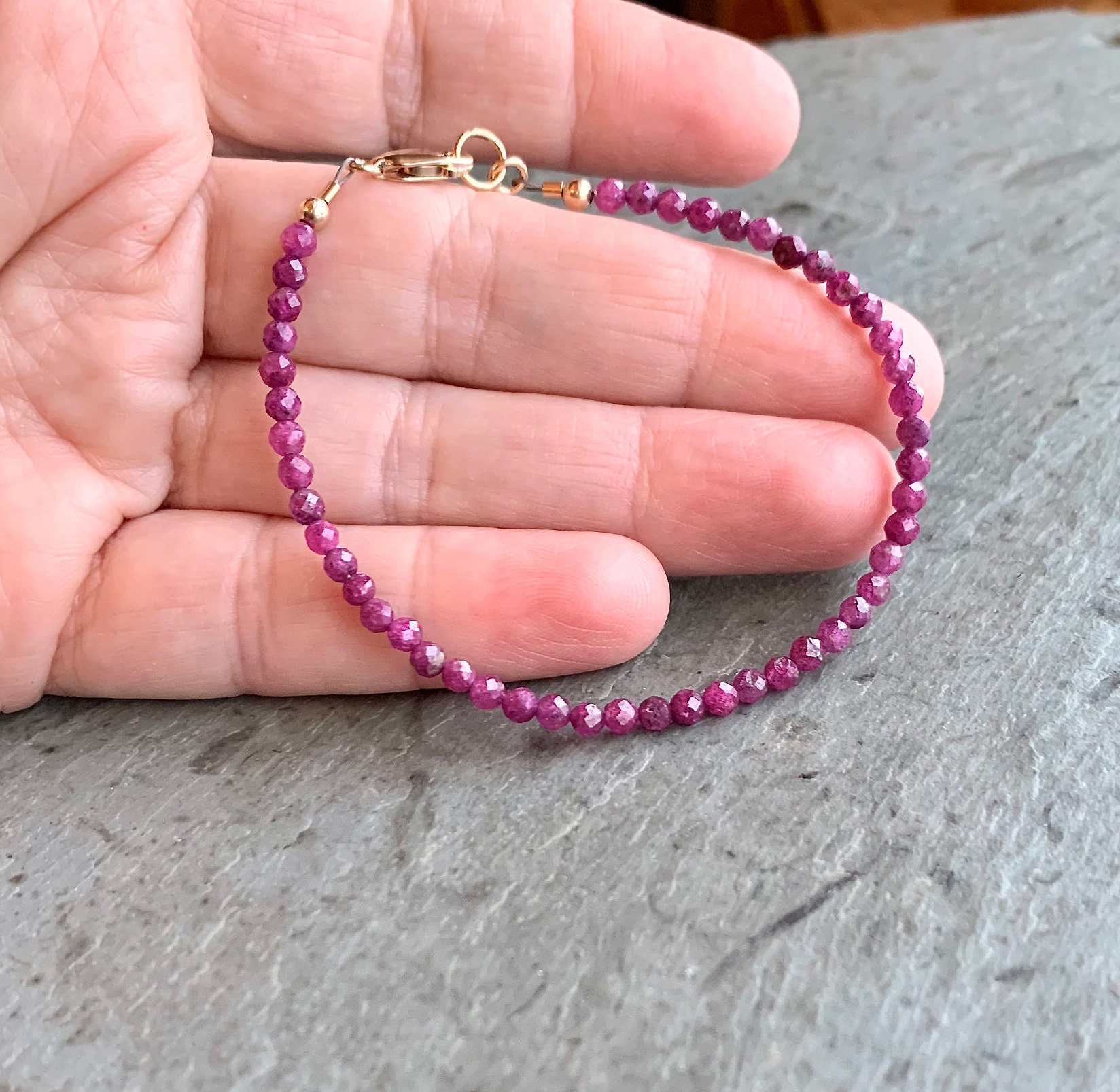 Ruby Bracelet Silver or Gold Dainty Stacking Bracelet Pink | Etsy