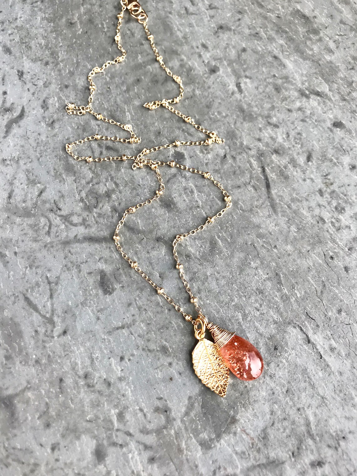 Sunstone Teardrop Necklace, Gold Filled Satellite Chain, Leaf Charm - Etsy