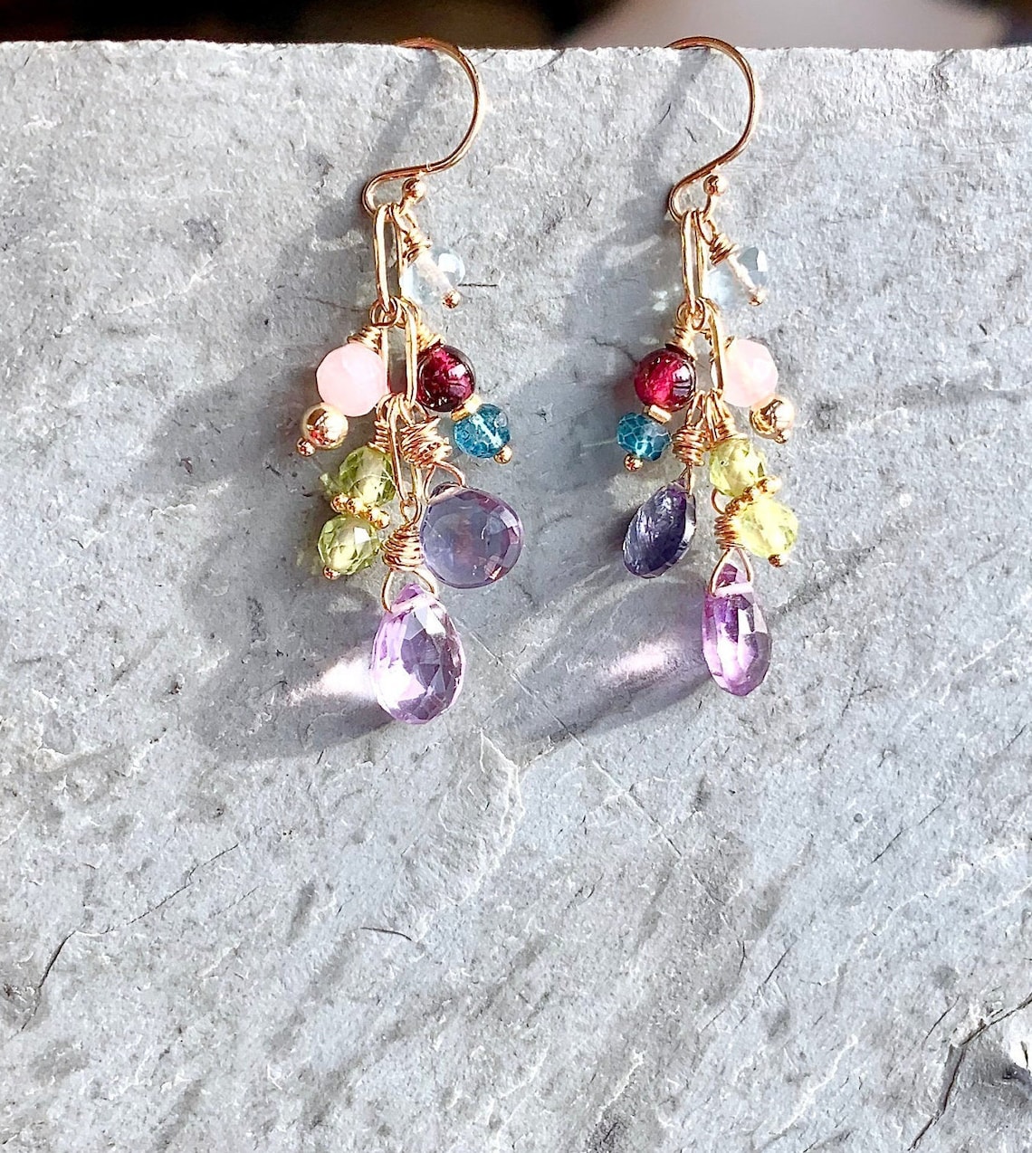 Gemstone Cluster Earrings Gold Filled Tiny Gemstone Drop - Etsy
