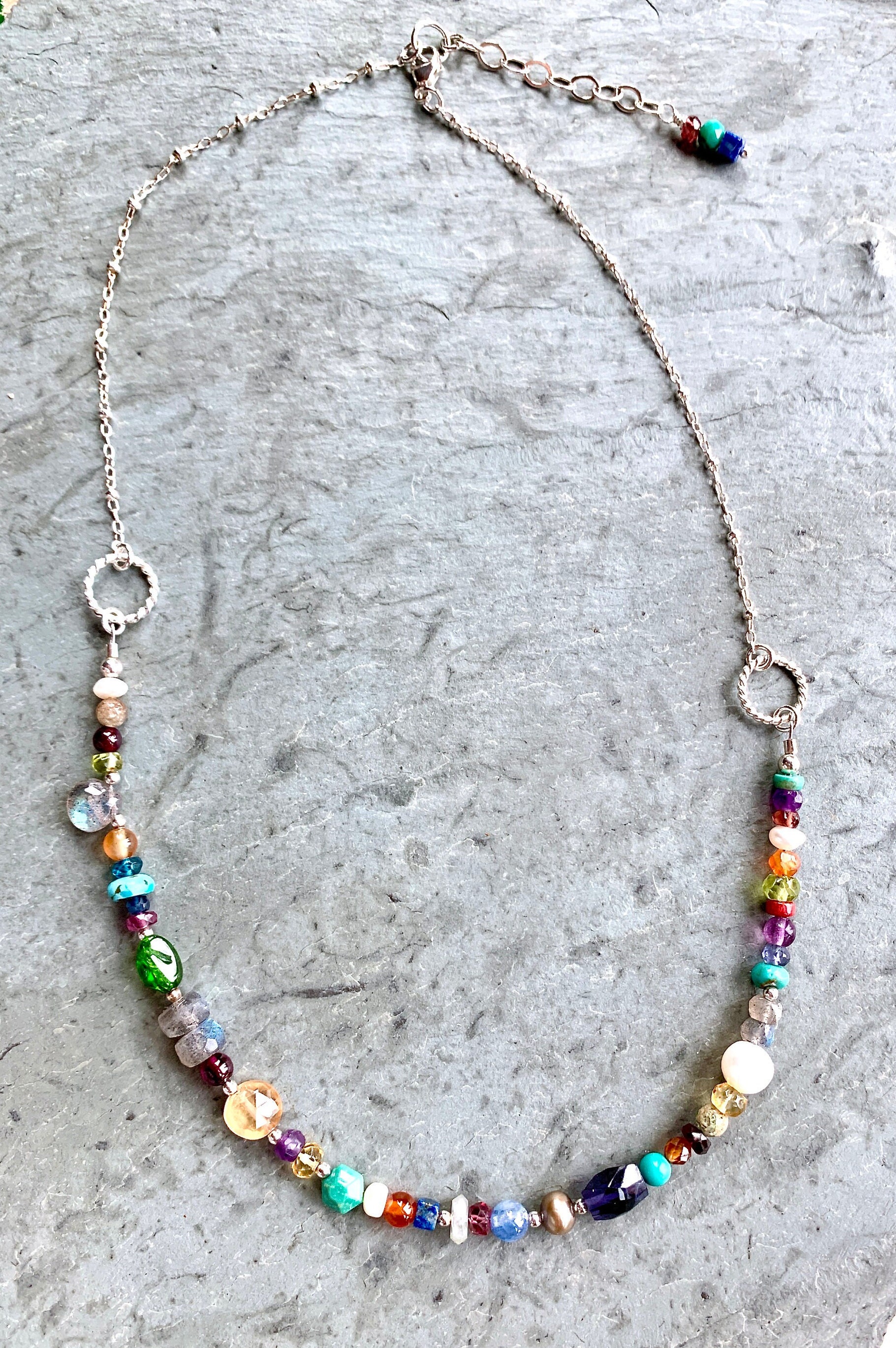 Multicolor Gemstone Necklace: Sterling Silver Beaded Chain, Boho ...