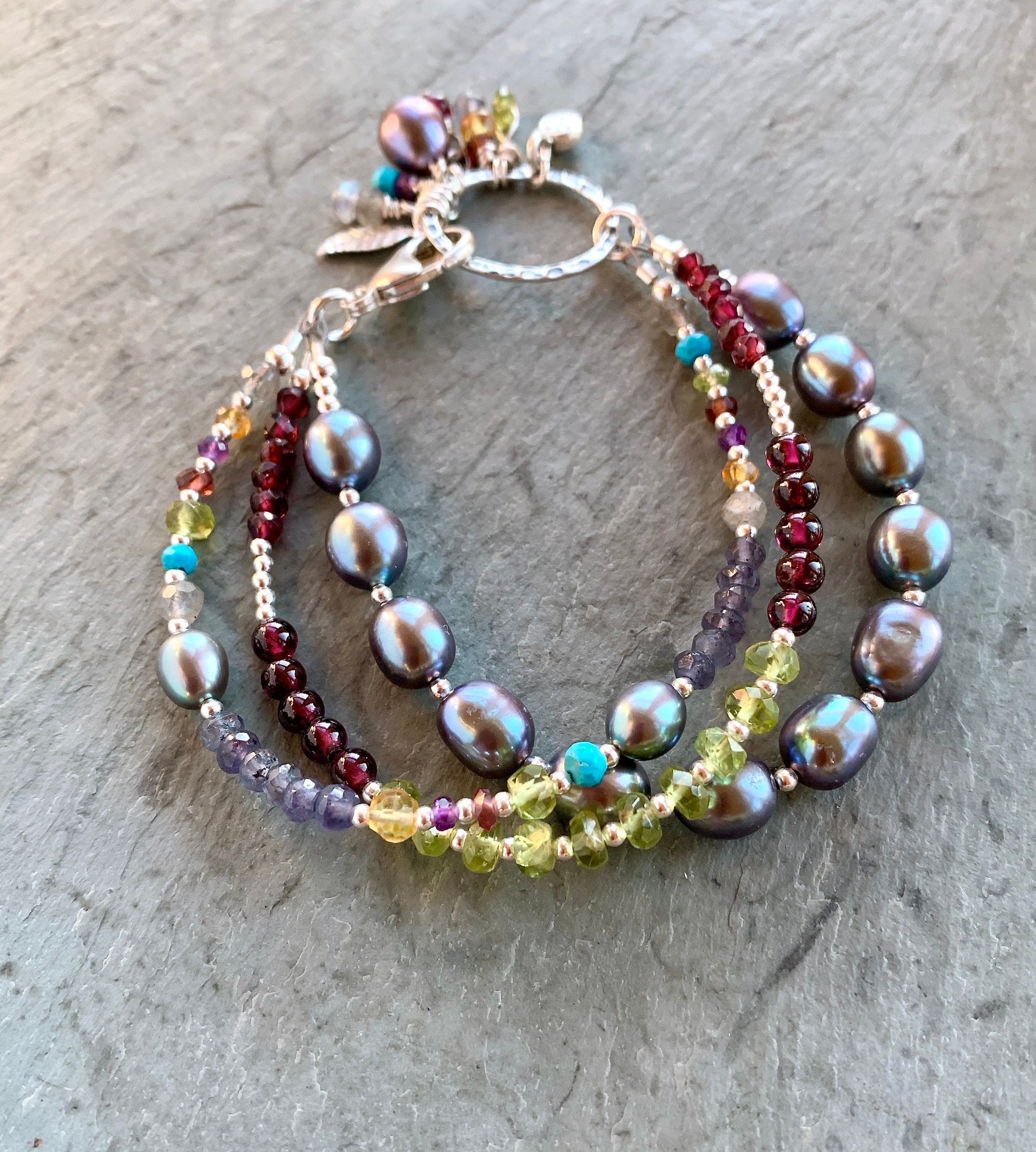 Triple Strand Gemstone Bracelet Sterling Silver 3 Strands - Etsy