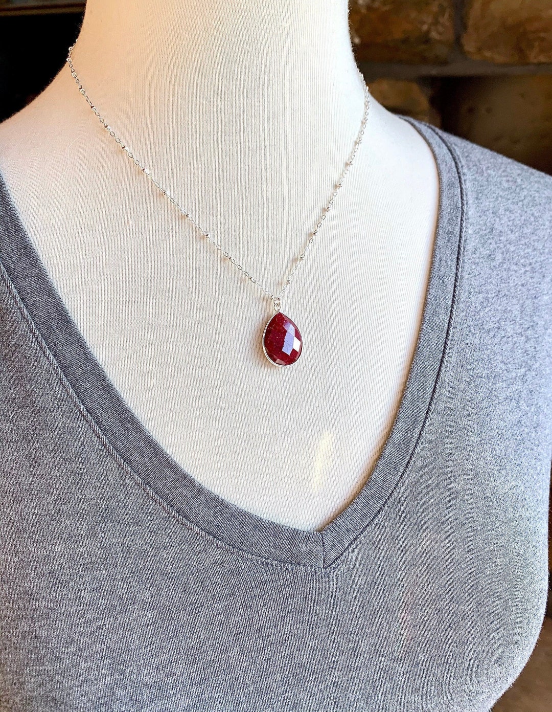 Ruby Necklace, Teardrop Ruby, Bezel Ruby Pendant, Sterling Silver ...