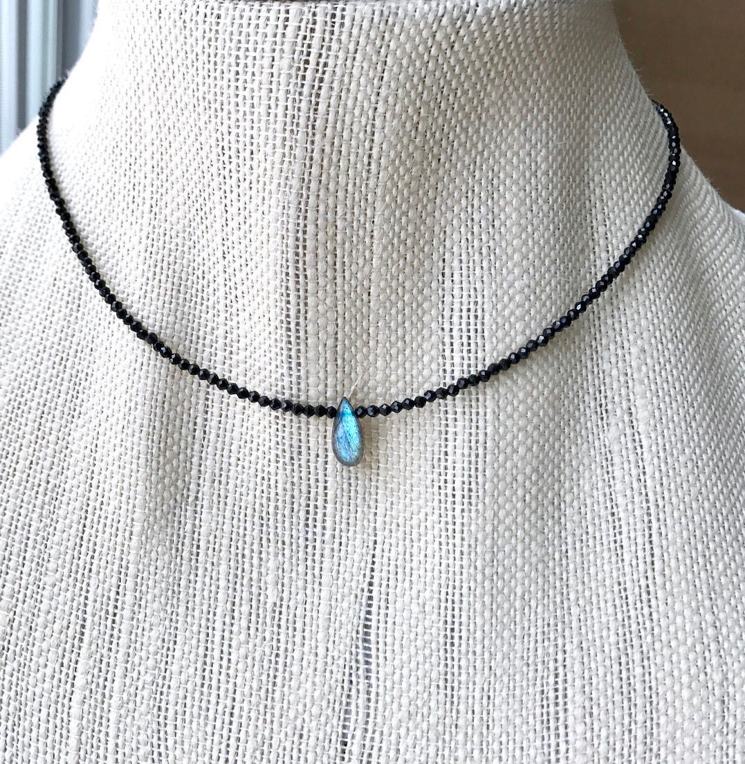 Black Beaded Choker, Moonstone or Labradorite Drop, Blue Flash, Skinny ...