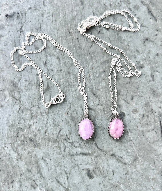 Kunzite Necklace on Silver Chain Pink Gemstone Oval Pendant Silver Frame Satellite Chain Smooth Pink Cabochon Kunzite Pendant for Her Etsy Australia