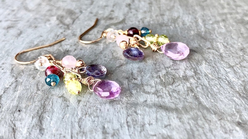 Gemstone Cluster Earrings Gold Filled Tiny Gemstone Drop - Etsy