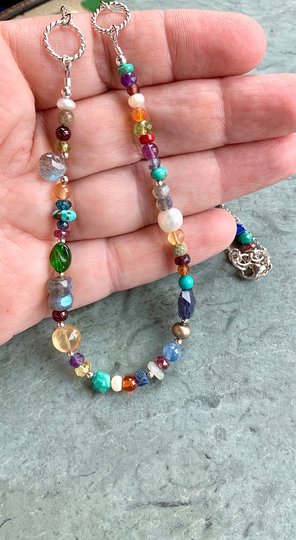 Multicolor Gemstone Necklace: Sterling Silver Beaded Chain, Boho ...
