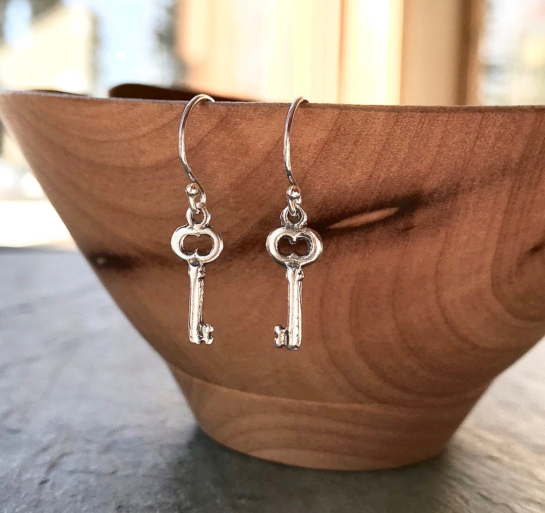 Tiny Silver Key Earring, Solid Sterling Silver, Skeleton Key Charm ...