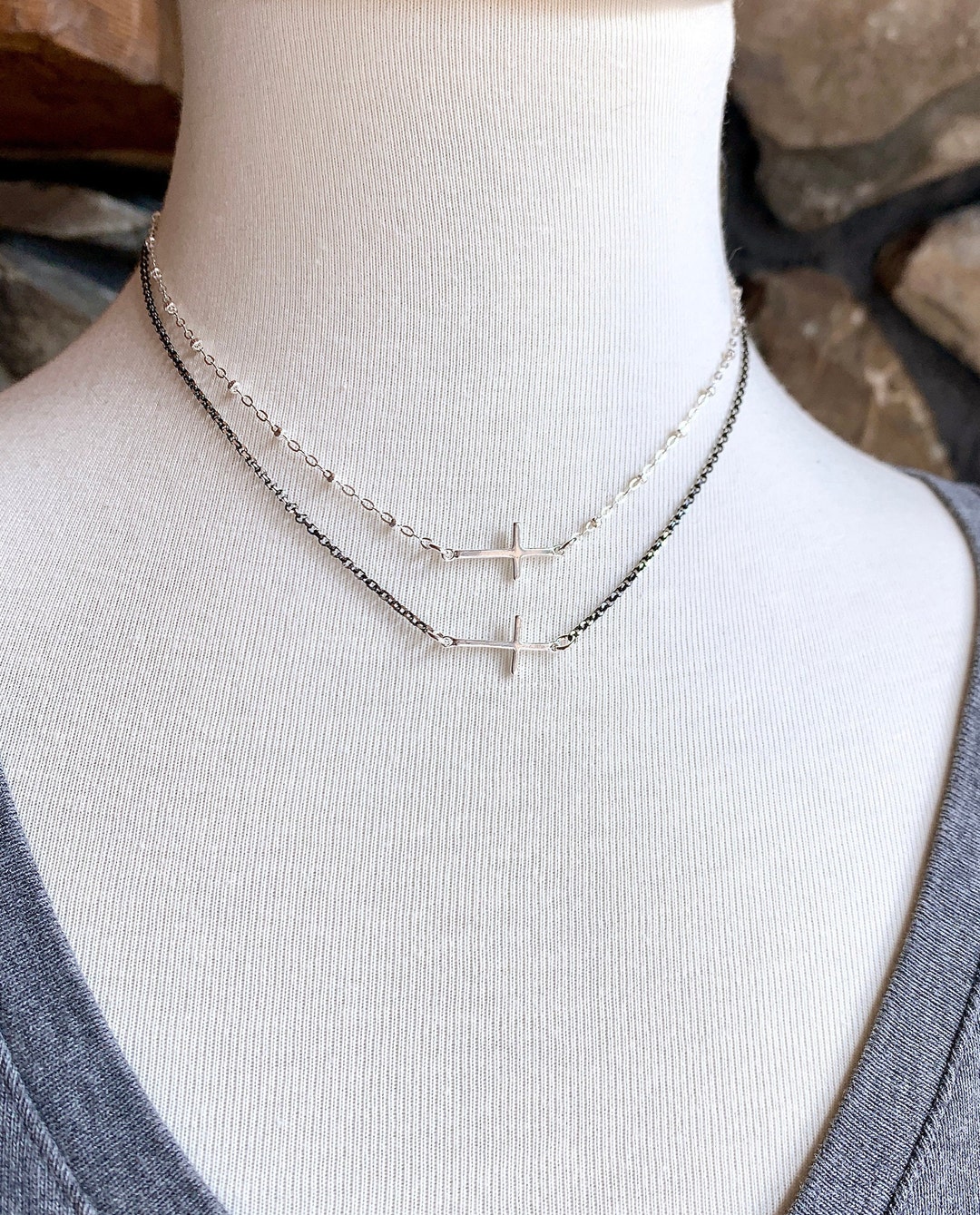 Sideways Cross Necklace, Sterling Silver Cross Jewelry, Tiny Cross ...