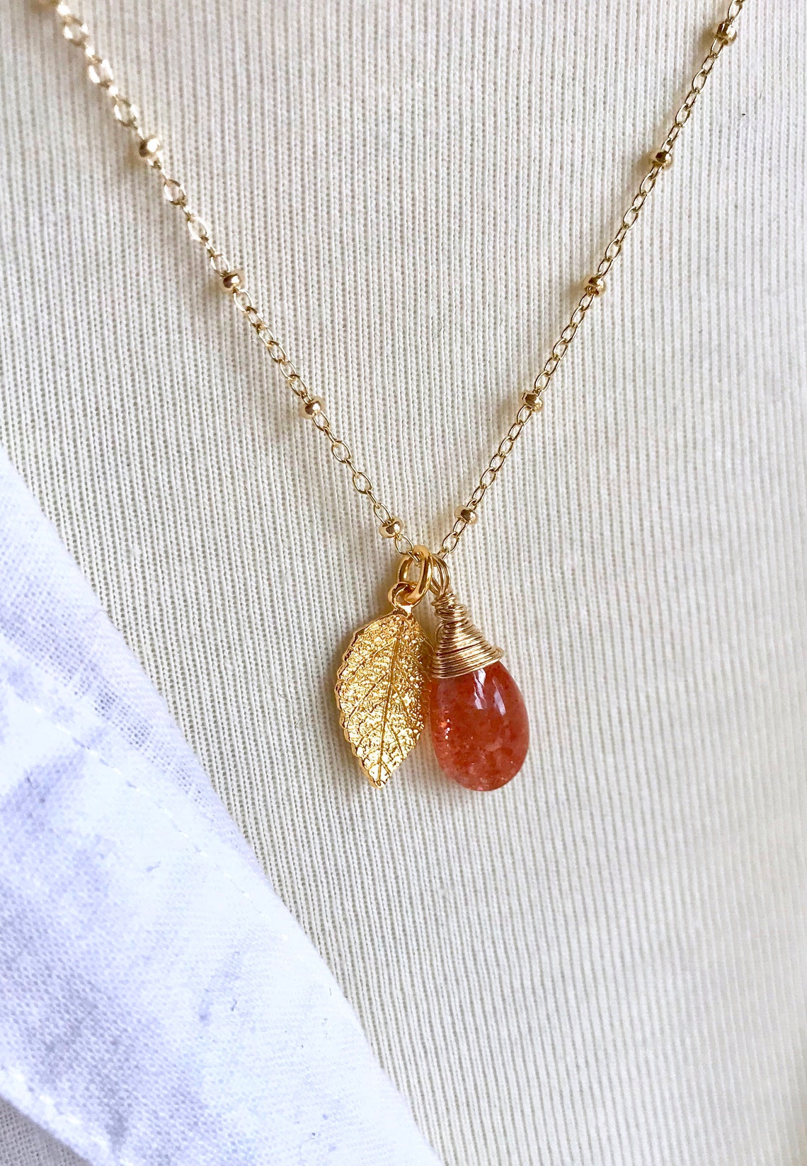 Sunstone Teardrop Necklace, Gold Filled Satellite Chain, Leaf Charm - Etsy