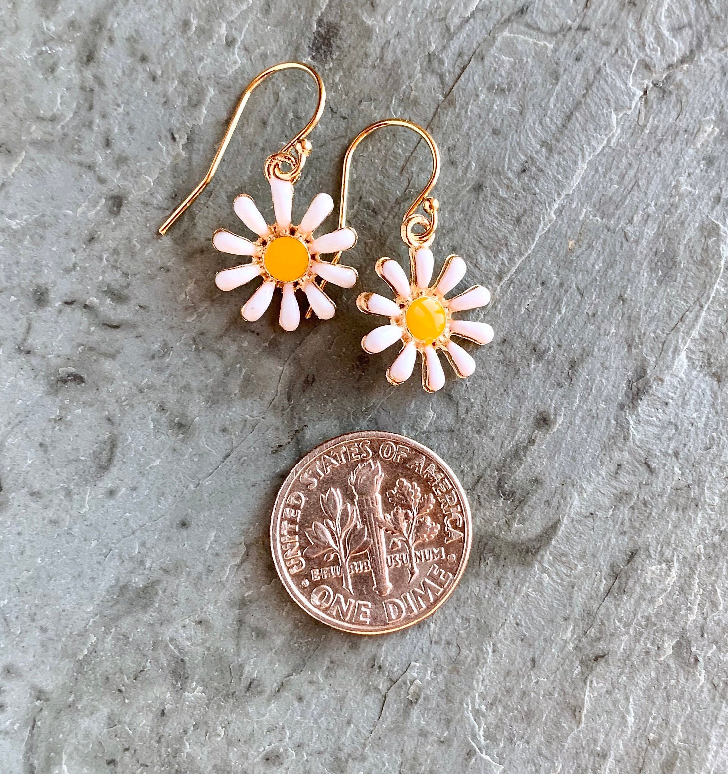 Daisy Earrings, Enamel Daisies, White and Yellow Daisy Flower Earrings ...