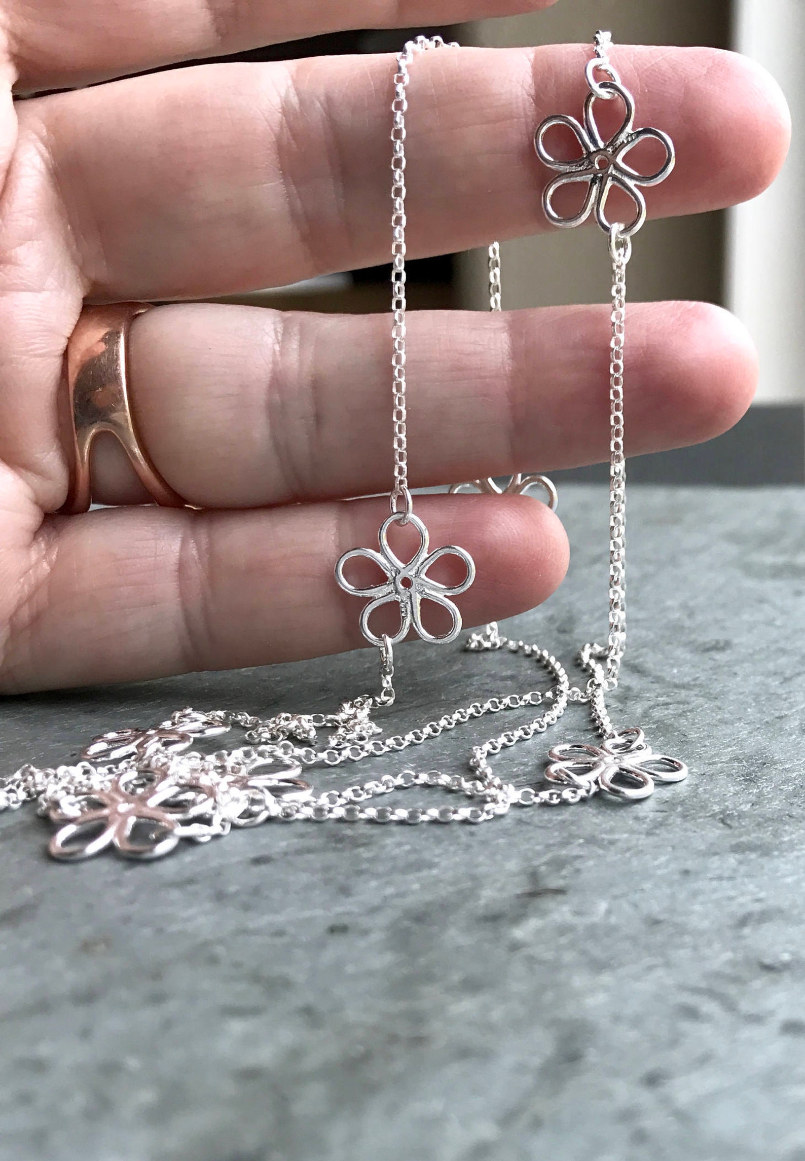 Long Sterling Silver Daisy Necklace, Daisy Chain Necklace, Open Daisy ...