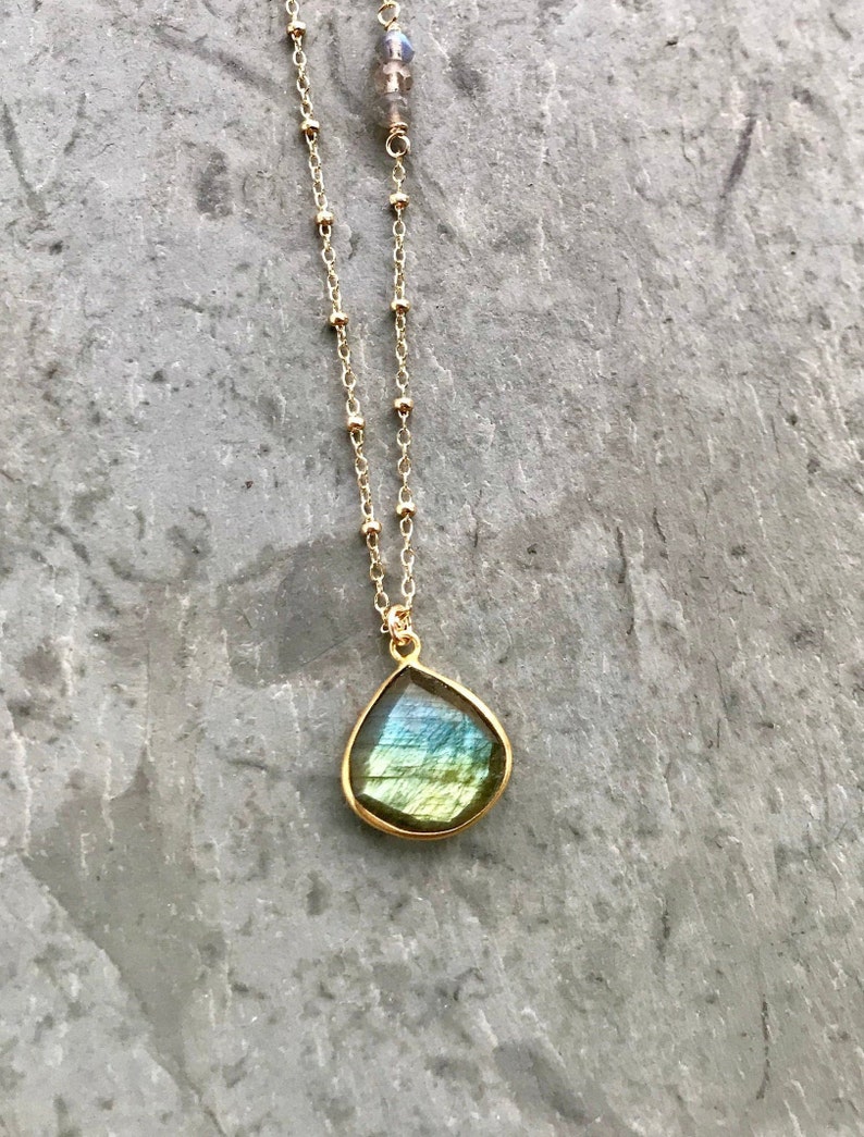 Labradorite Necklace, Gold Filled Satellite Chain, Flashy Stone, Bezel ...