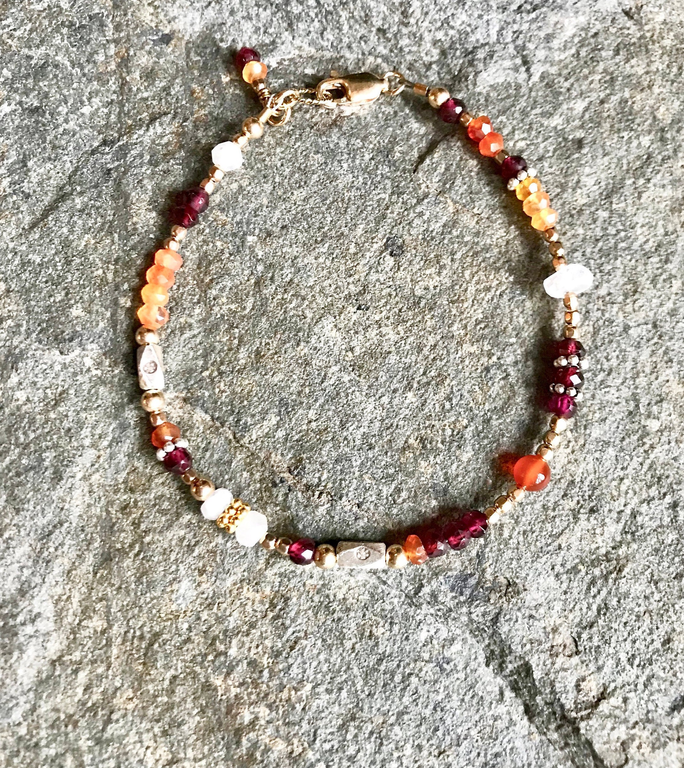 Garnet Moonstone Carnelian Bracelet, January Birthstone, Boho Chic ...