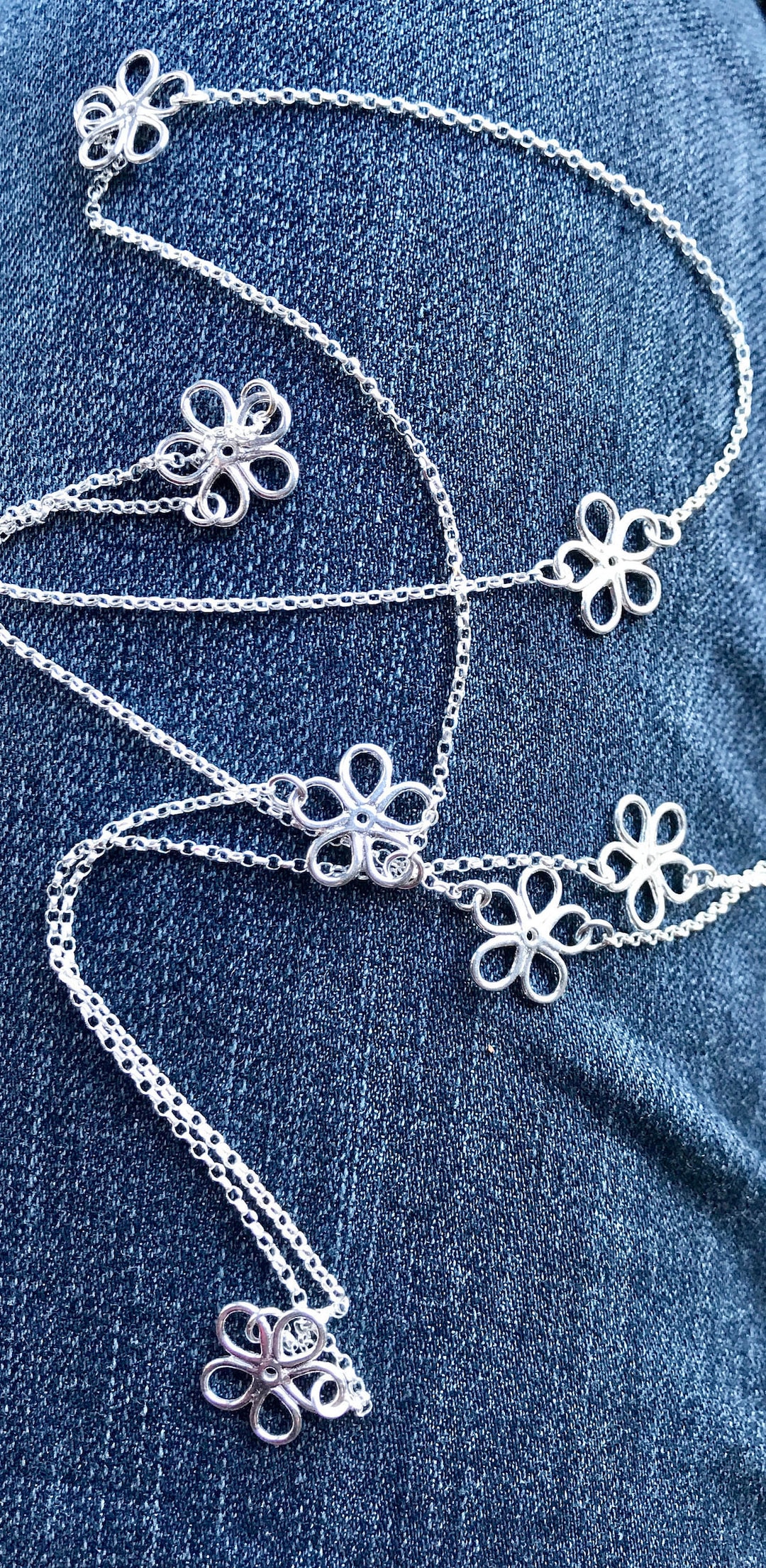 Long Sterling Silver Daisy Necklace, Daisy Chain Necklace, Open Daisy ...