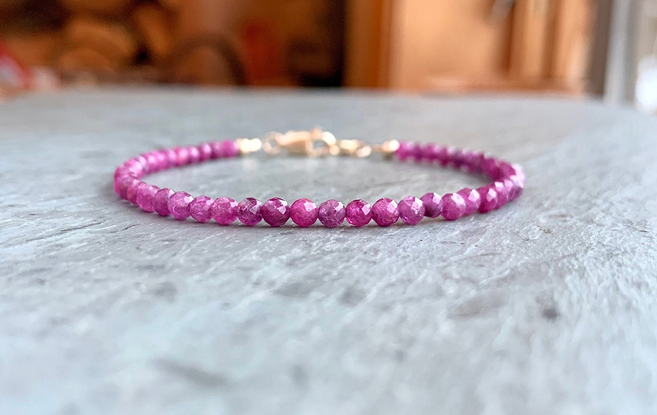 Ruby Bracelet, Silver or Gold, Dainty Stacking Bracelet, Pink Gemstones ...
