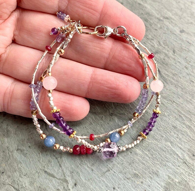 Three Strand Gemstone Bracelet Sterling Silver 3 Strands - Etsy