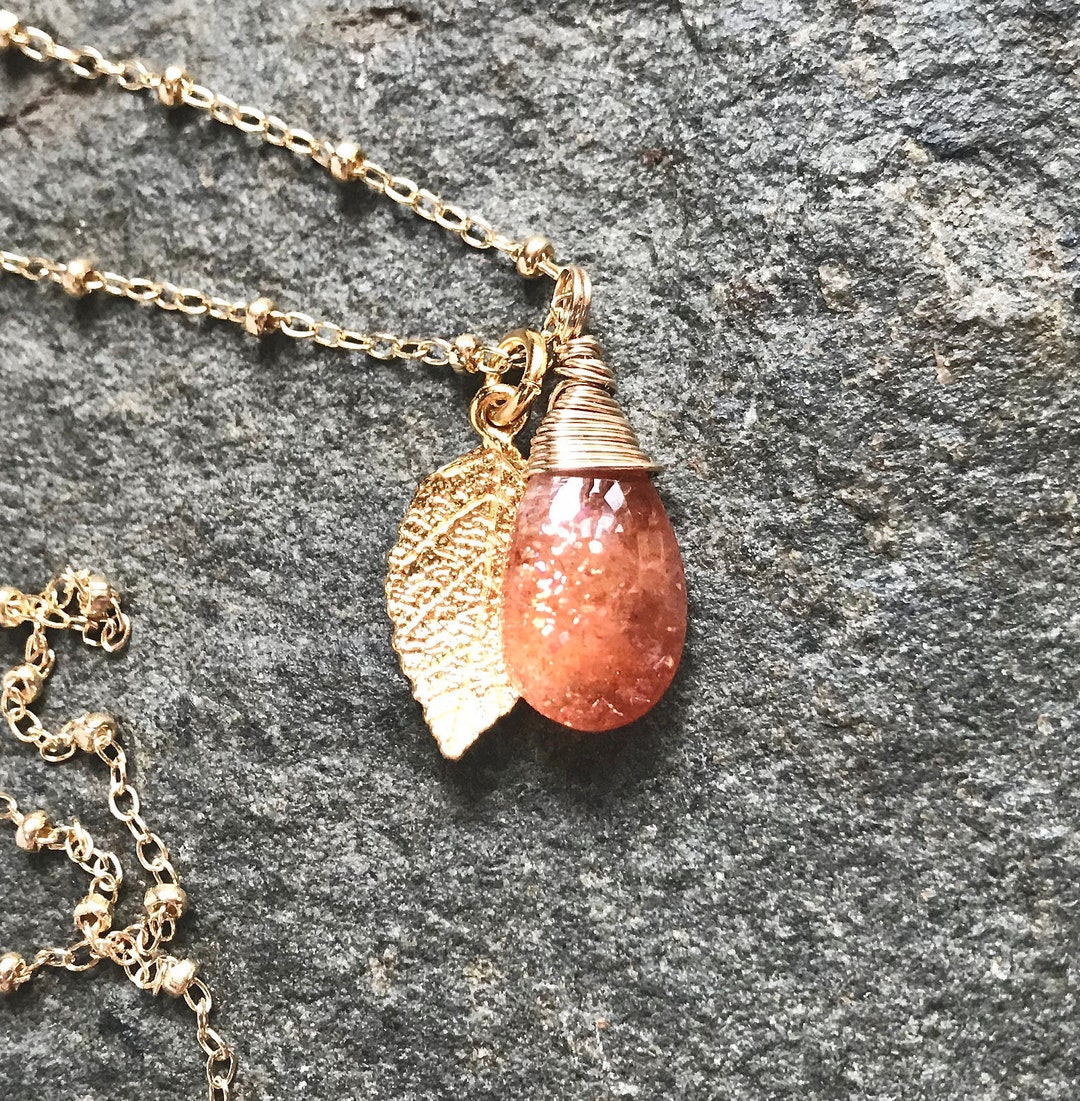 Sunstone Teardrop Necklace, Gold Filled Satellite Chain, Leaf Charm - Etsy