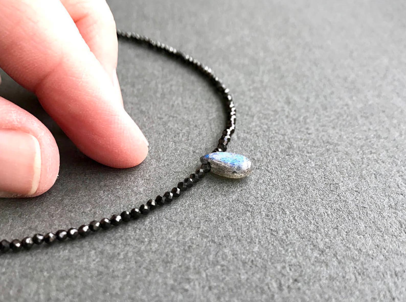 Black Beaded Choker, Moonstone or Labradorite Drop, Blue Flash, Skinny ...