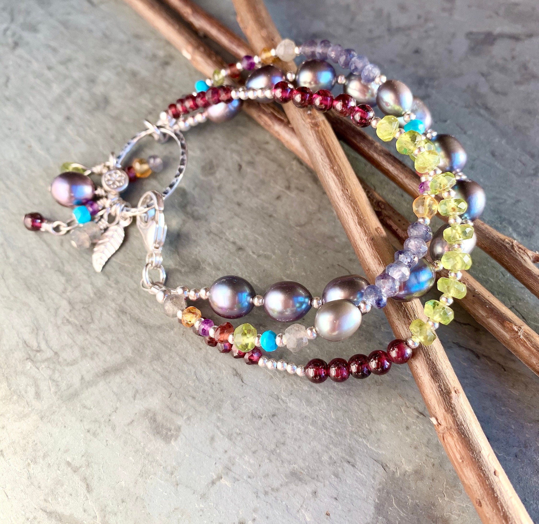 Triple Strand Gemstone Bracelet Sterling Silver 3 Strands - Etsy